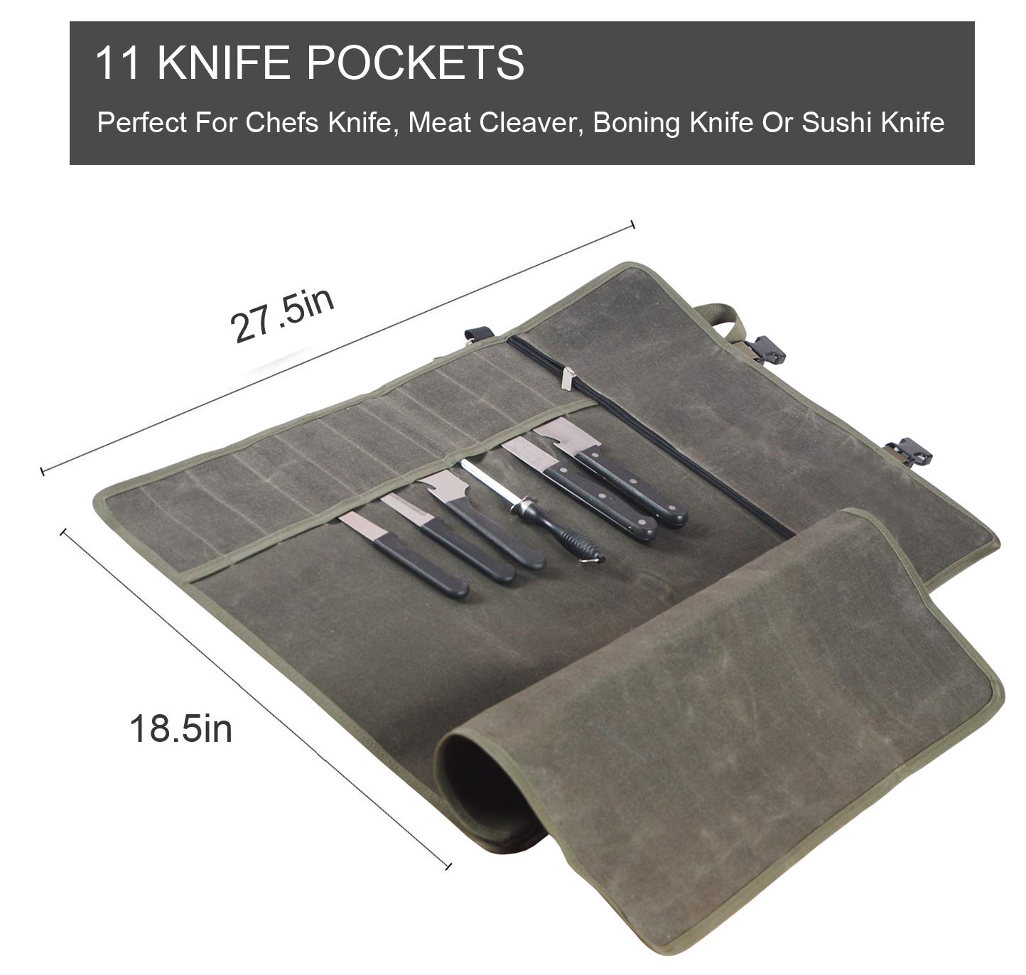 Waterproof Waxed Canvas Chef’s Knife Roll Bag With 11 Slots for Kitchen Knife Tools Up To 18.8”/Portable Chef Knife Cases(Army Green)
