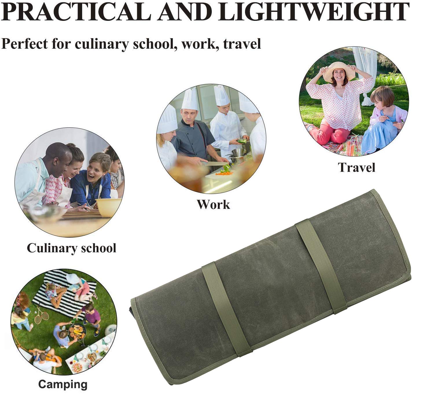 Waterproof Waxed Canvas Chef’s Knife Roll Bag With 11 Slots for Kitchen Knife Tools Up To 18.8”/Portable Chef Knife Cases(Army Green)