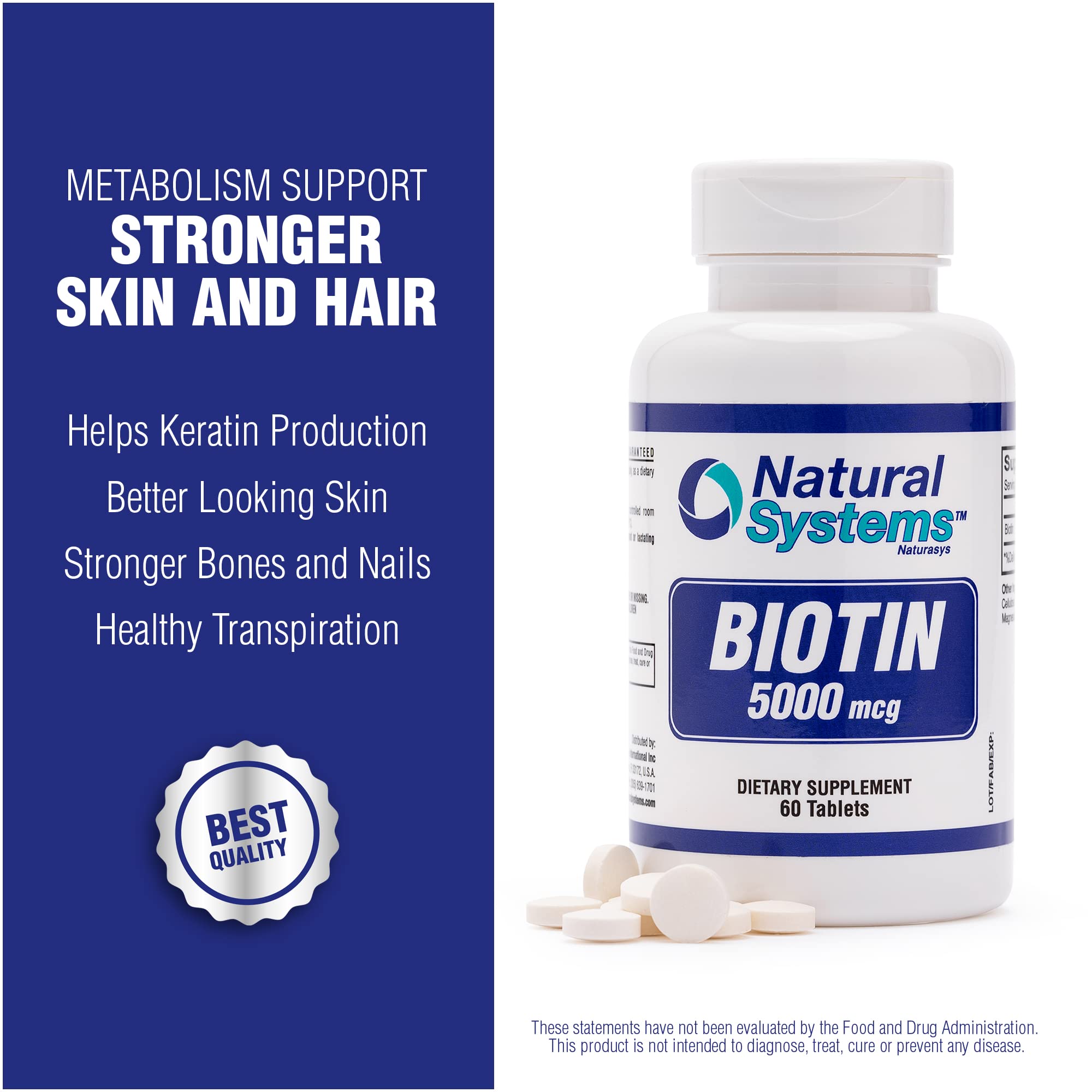 Biotin 60 Tablets 5000 mcg by Natural Systems | Biotin Hair Growth Support Pills | Hair Skin Nails Vitamins for Men and Women | Biotin Supplement Improves Cell Growth