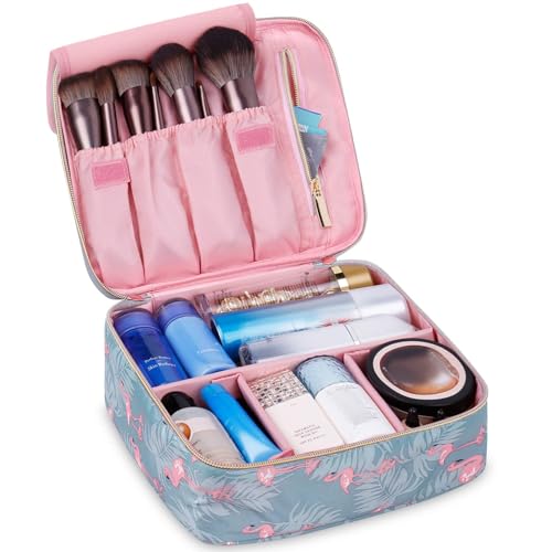 Narwey Travel Makeup Bag with Brush Compartments,Portable Cosmetic Bag,Make up Bag Makeup Organizer Case with Brush Storage for Women (Flamingo)