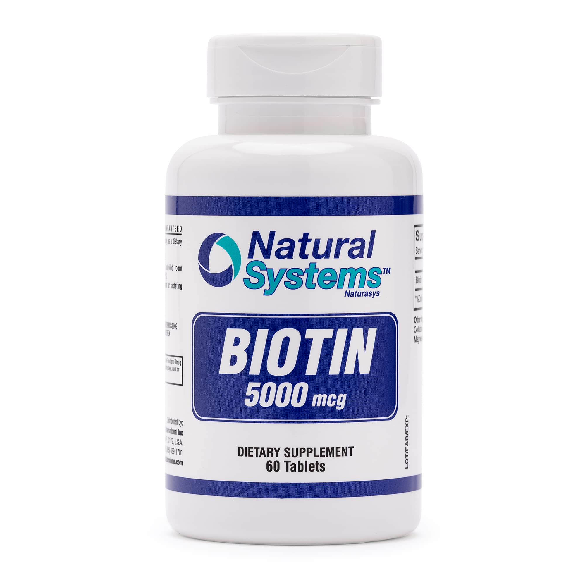 Biotin 60 Tablets 5000 mcg by Natural Systems | Biotin Hair Growth Support Pills | Hair Skin Nails Vitamins for Men and Women | Biotin Supplement Improves Cell Growth
