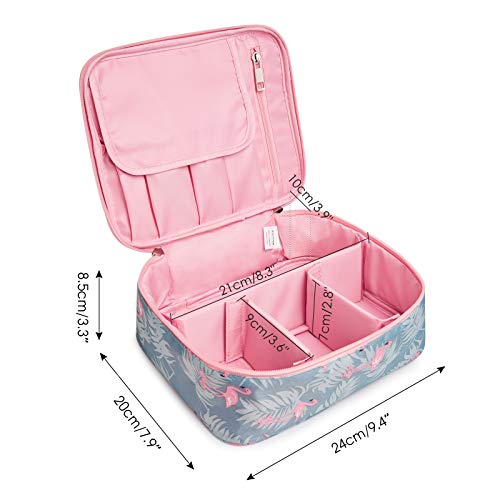 Narwey Travel Makeup Bag with Brush Compartments,Portable Cosmetic Bag,Make up Bag Makeup Organizer Case with Brush Storage for Women (Flamingo)