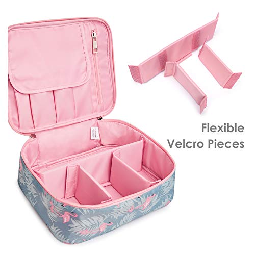 Narwey Travel Makeup Bag with Brush Compartments,Portable Cosmetic Bag,Make up Bag Makeup Organizer Case with Brush Storage for Women (Flamingo)