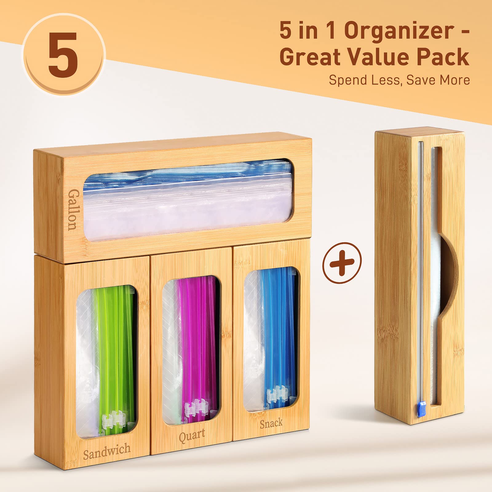 Delamu Ziplock Bag Organizer - 5 Separate Plastic Bag Organizers for Kitchen Drawer - Foil and Plastic Wrap Dispenser with Cutter 12" Roll, Baggie Organizer for Gallon, Quart, Snack, Sandwich Bags