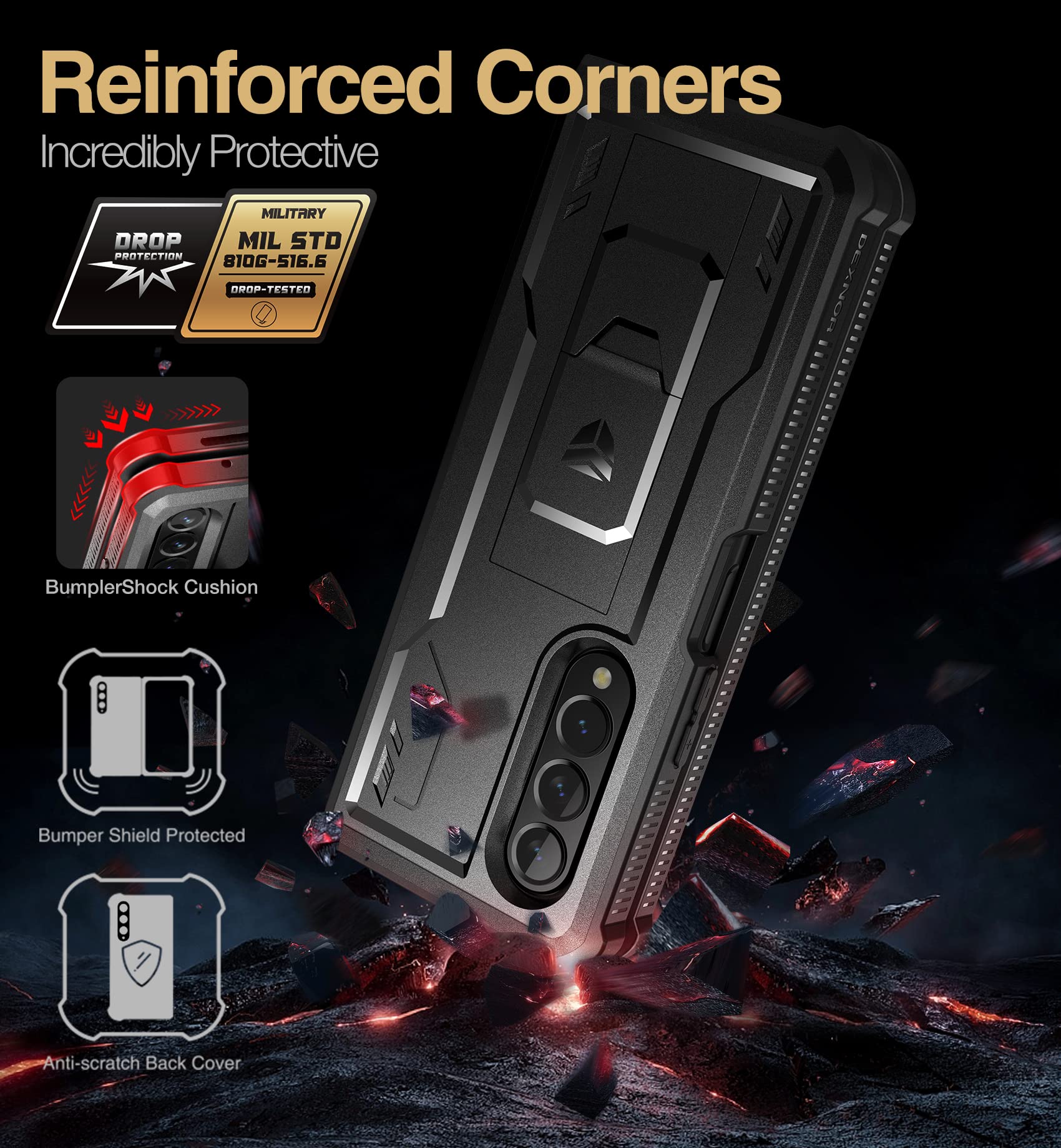Dexnor Shielder Series Case for Samsung Galaxy Z Fold 4(2022), Military-Grade Shockproof Rugged Bumper Case Cover with Built-in Screen Protector & Kickstand,Black
