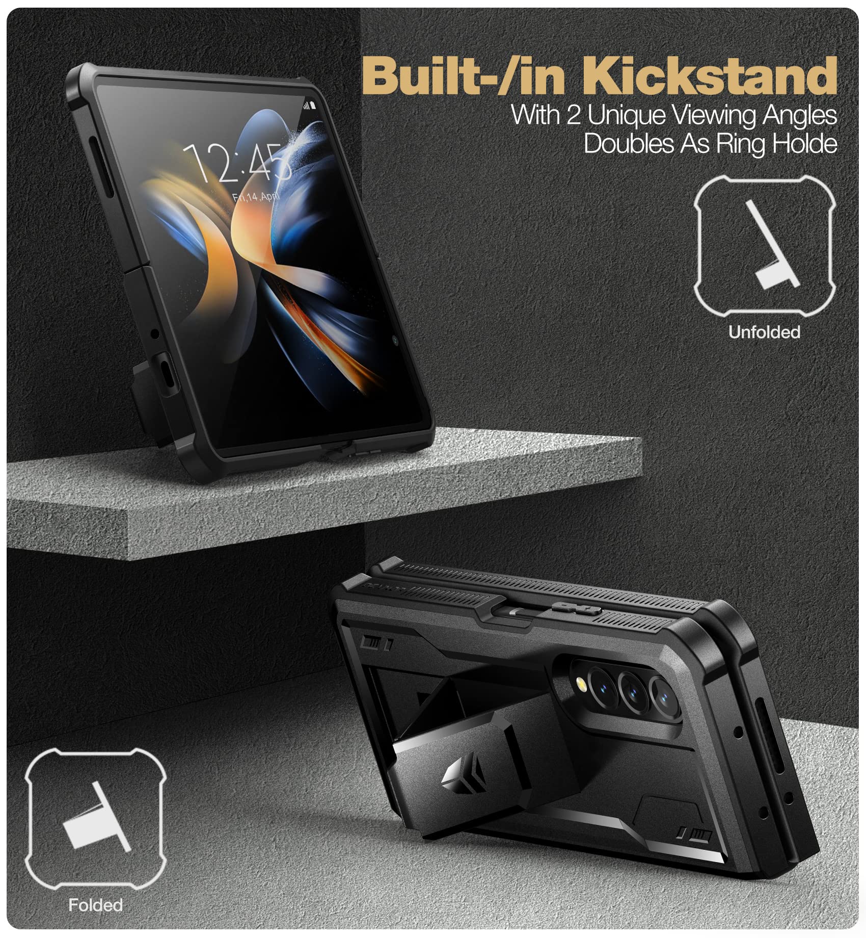 Dexnor Shielder Series Case for Samsung Galaxy Z Fold 4(2022), Military-Grade Shockproof Rugged Bumper Case Cover with Built-in Screen Protector & Kickstand,Black
