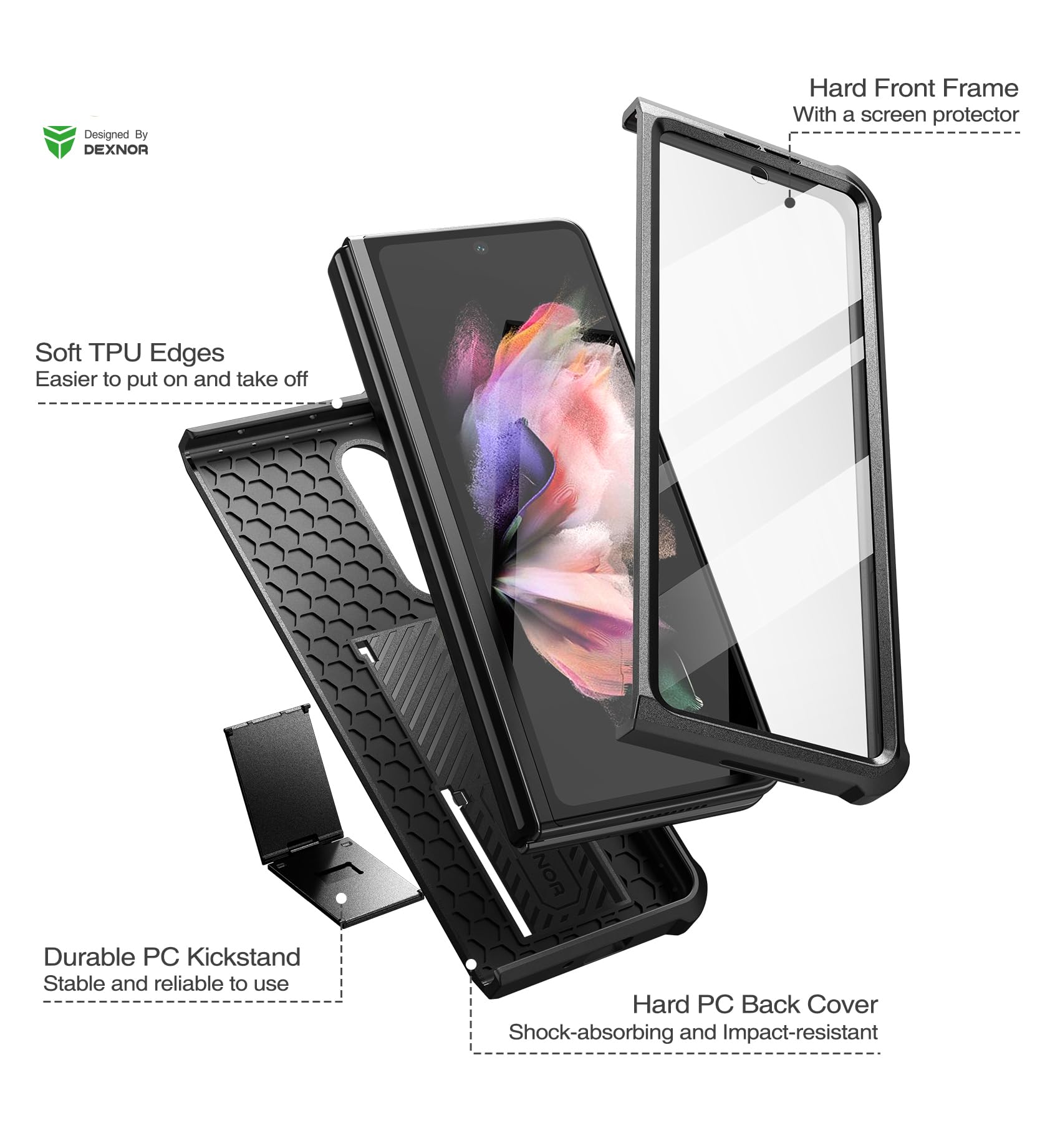 Dexnor Shielder Series Case for Samsung Galaxy Z Fold 4(2022), Military-Grade Shockproof Rugged Bumper Case Cover with Built-in Screen Protector & Kickstand,Black