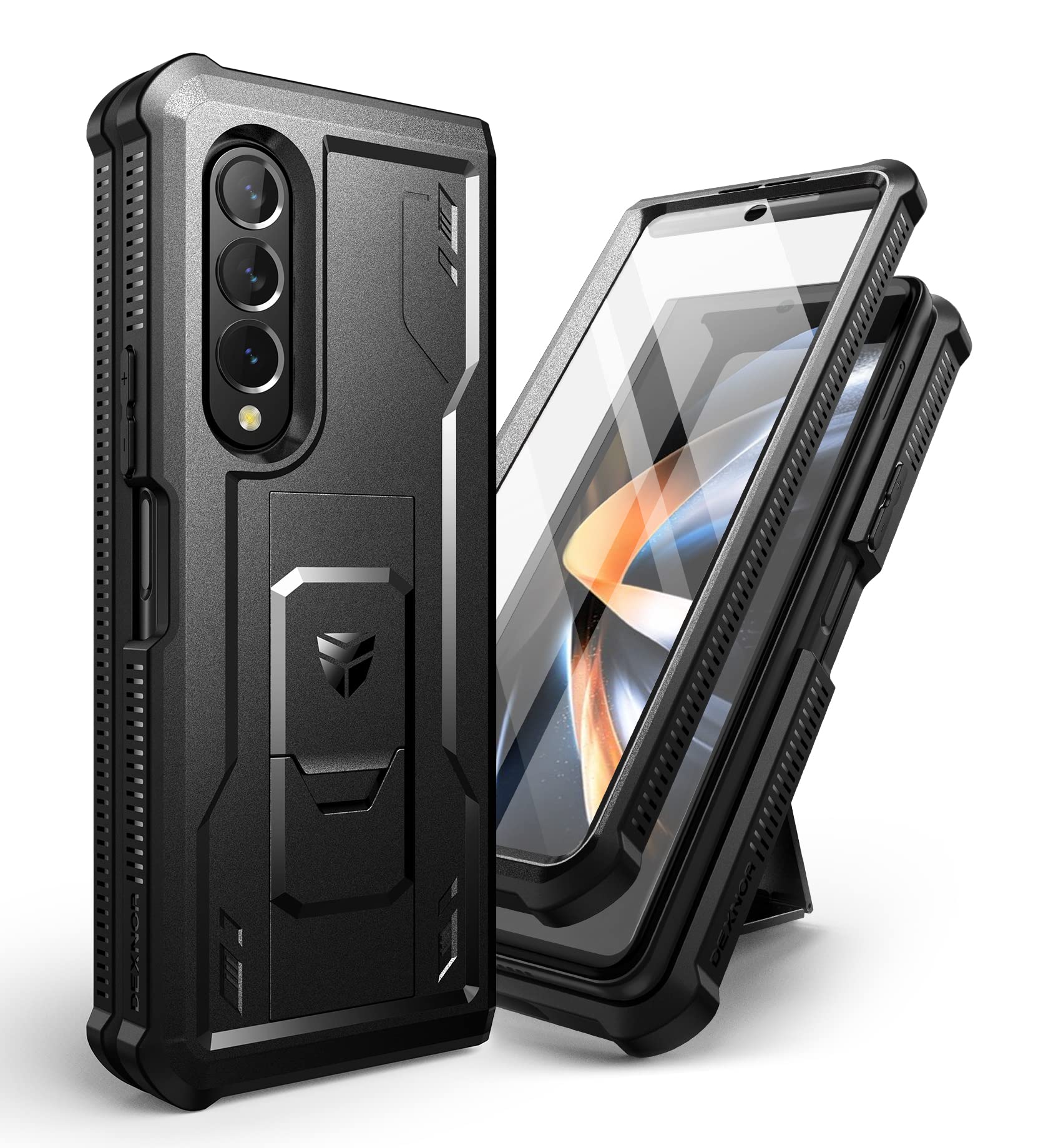 Dexnor Shielder Series Case for Samsung Galaxy Z Fold 4(2022), Military-Grade Shockproof Rugged Bumper Case Cover with Built-in Screen Protector & Kickstand,Black