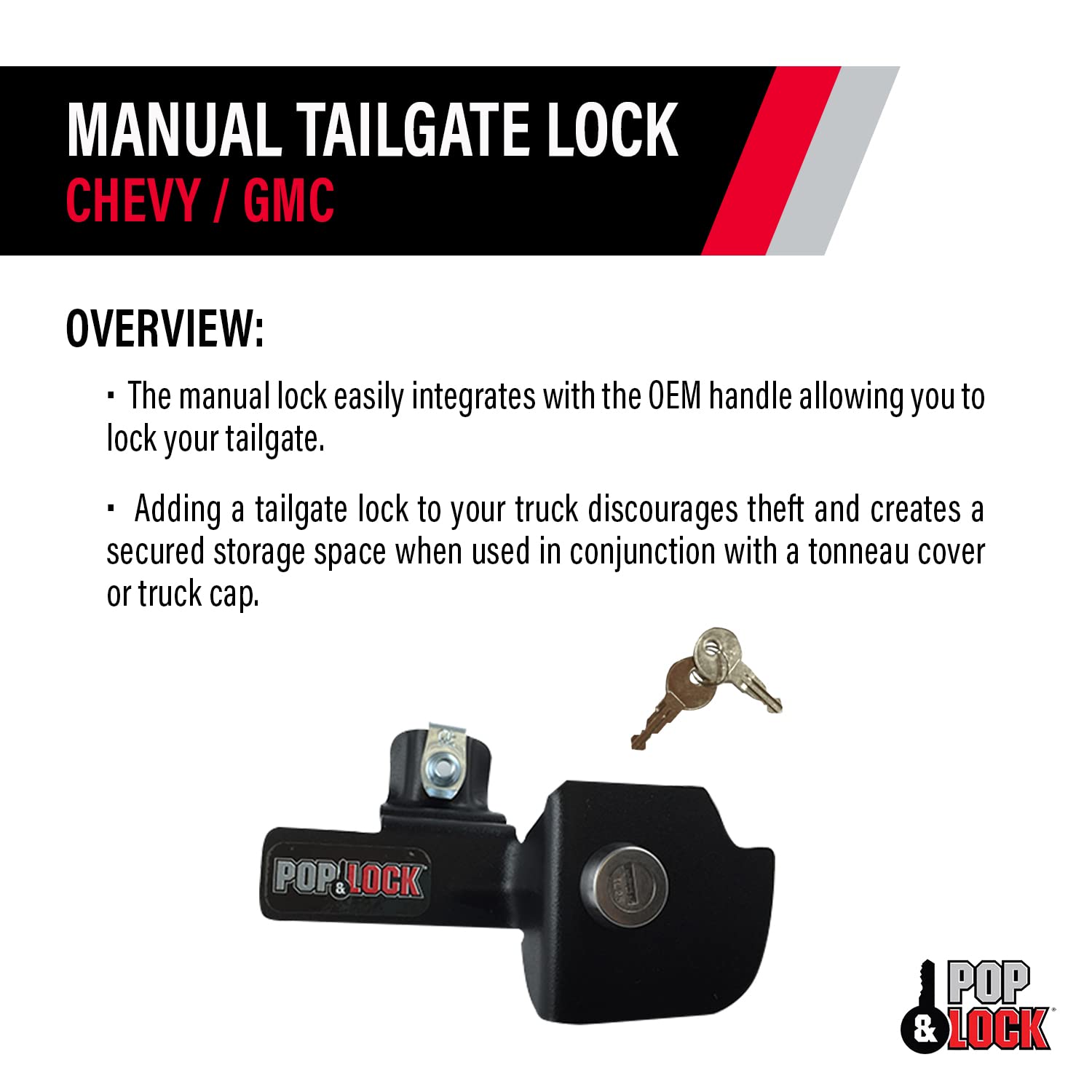 Pop & Lock โ Manual Tailgate Lock for Chevy Silverado and GMC Sierra, Fits 1999 to 2007 Models (Black, PL1100)
