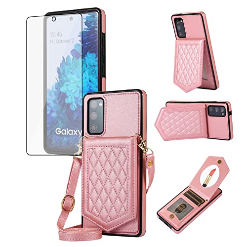 Phone Case for Samsung Galaxy S20 FE 5G 6.5 inch Wallet Cover with Screen Protector and Mirror Card Holder Crossbody Strap Cell S 20 EF UW S20FE5G S20FE 20S S2O Fan Edition 4G G5 Women Girls Rose gold