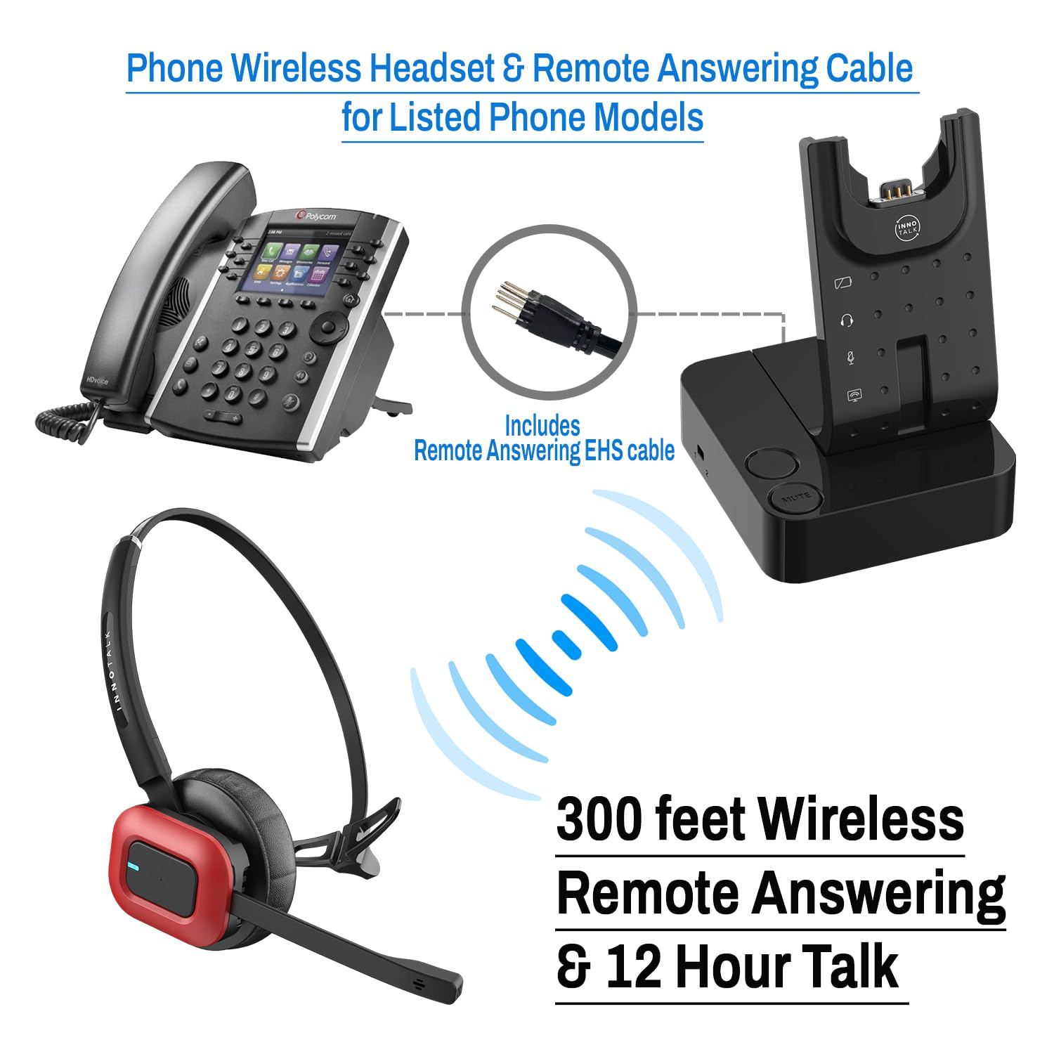 INNOTALK Wireless Headset Compatible with Polycom VVX300, VVX310, VVX400, VVX410 - Desk Office Phone Call Center Wireless Headset with EHS Cord Bundle for Remote Answering Wireless Headset(Pioneer)