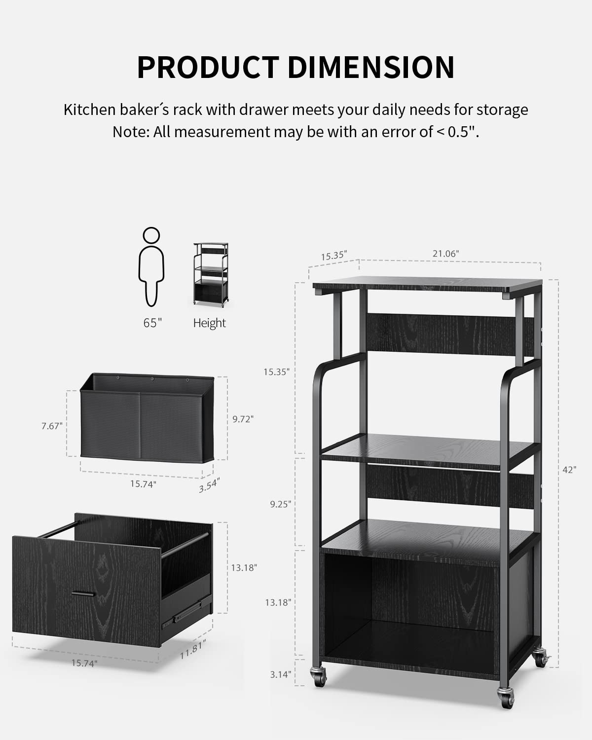 Gizoon 42'' Home Office Printer Stand with Storage Drawer, 3 Tier Large Tall Printer Shelf Cart W/Lockabel Rolling Wheels, Versatile - Black