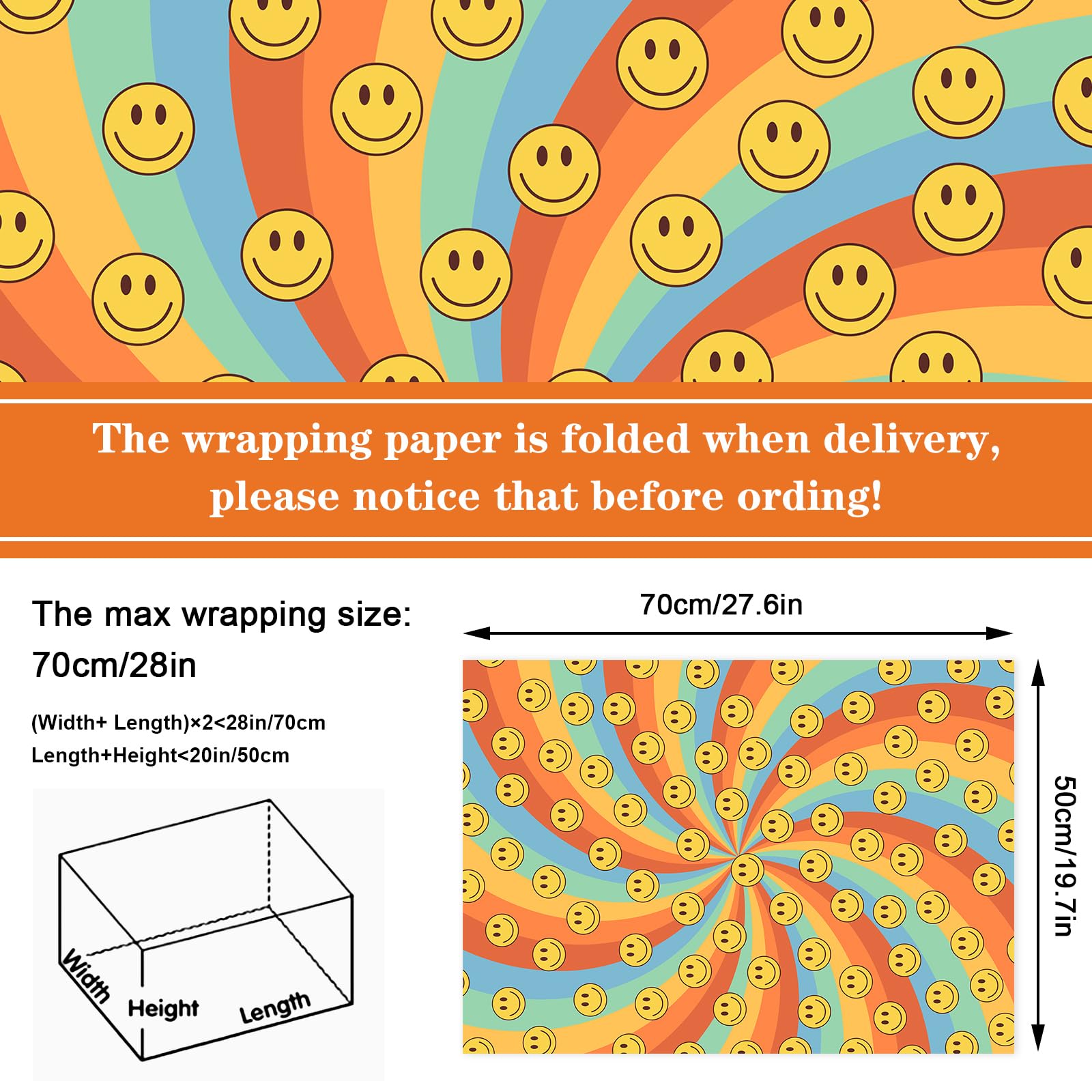 Whaline 12Pcs Retro Groovy Wrapping Paper Bright Funny Face Flower Checkered Gift Wrap Bulk Boho Art Paper Folded Flat for Baby Shower Birthday Wedding DIY Crafts Gift Packing, 19.7 x 27.6 Inch