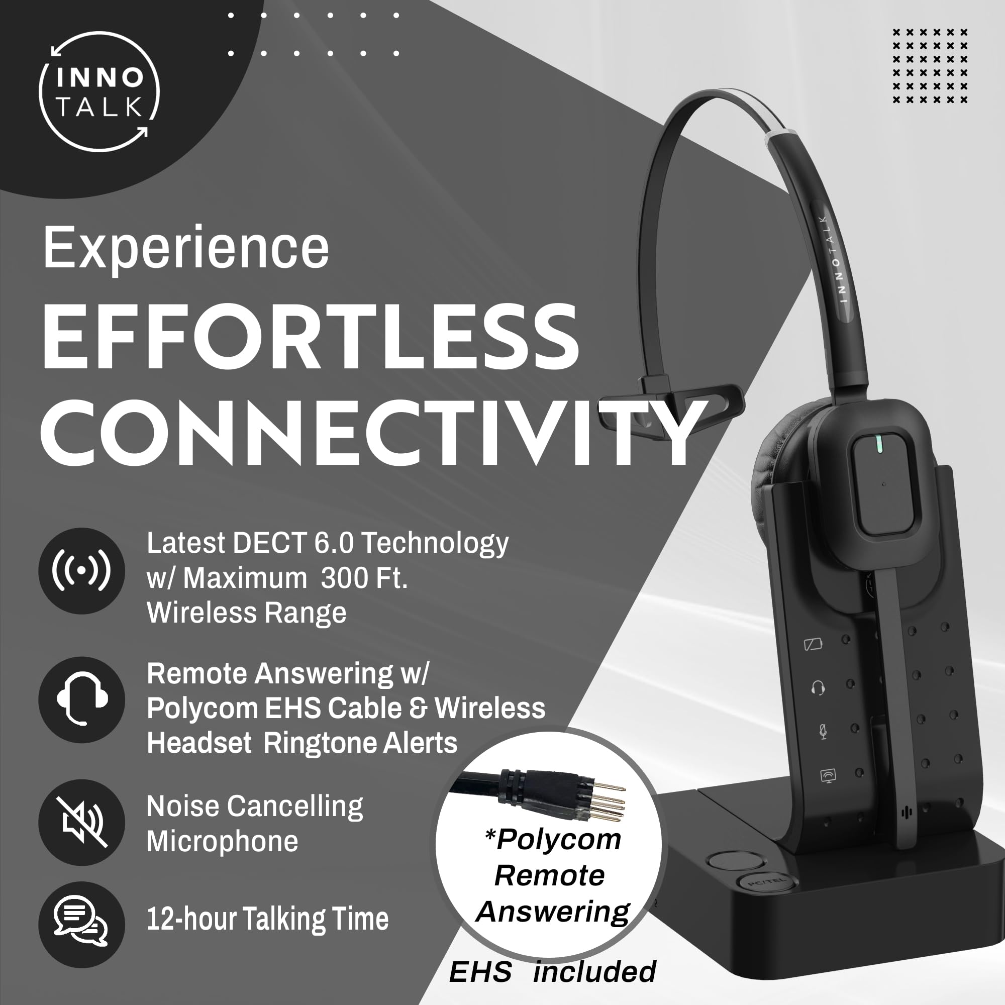 INNOTALK Wireless Headset Compatible with Polycom VVX300, VVX310, VVX400, VVX410 - Desk Office Phone Call Center Wireless Headset with EHS Cord Bundle for Remote Answering Wireless Headset(Pioneer)