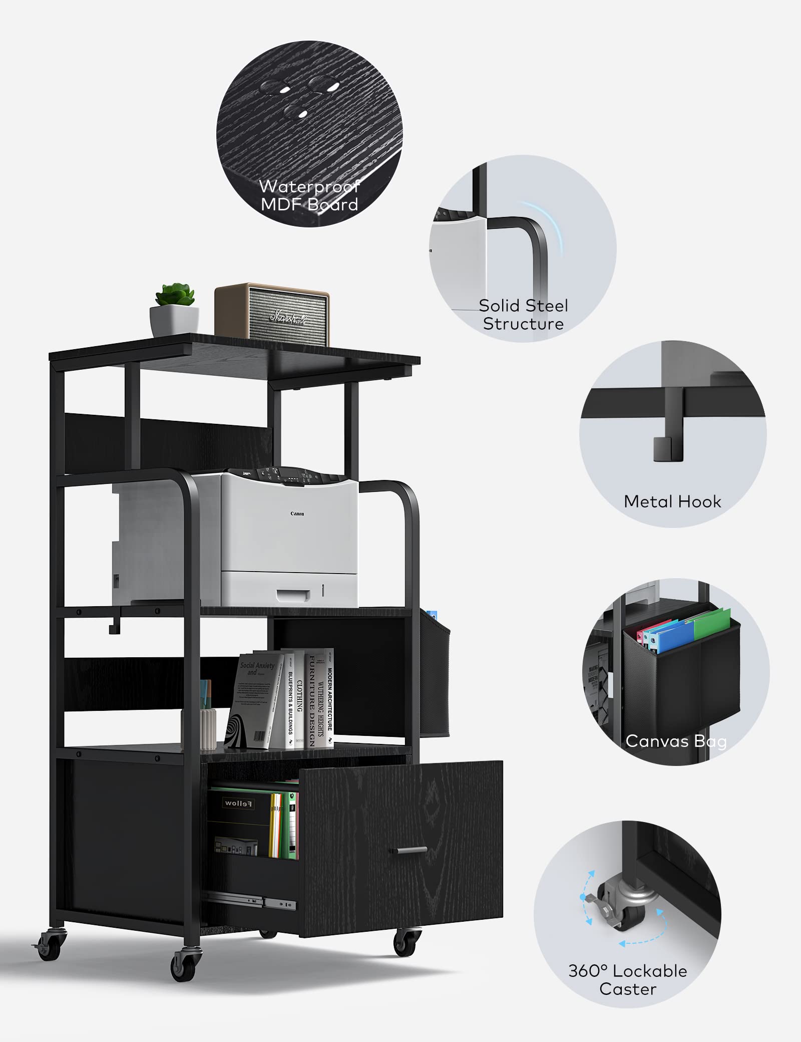 Gizoon 42'' Home Office Printer Stand with Storage Drawer, 3 Tier Large Tall Printer Shelf Cart W/Lockabel Rolling Wheels, Versatile - Black