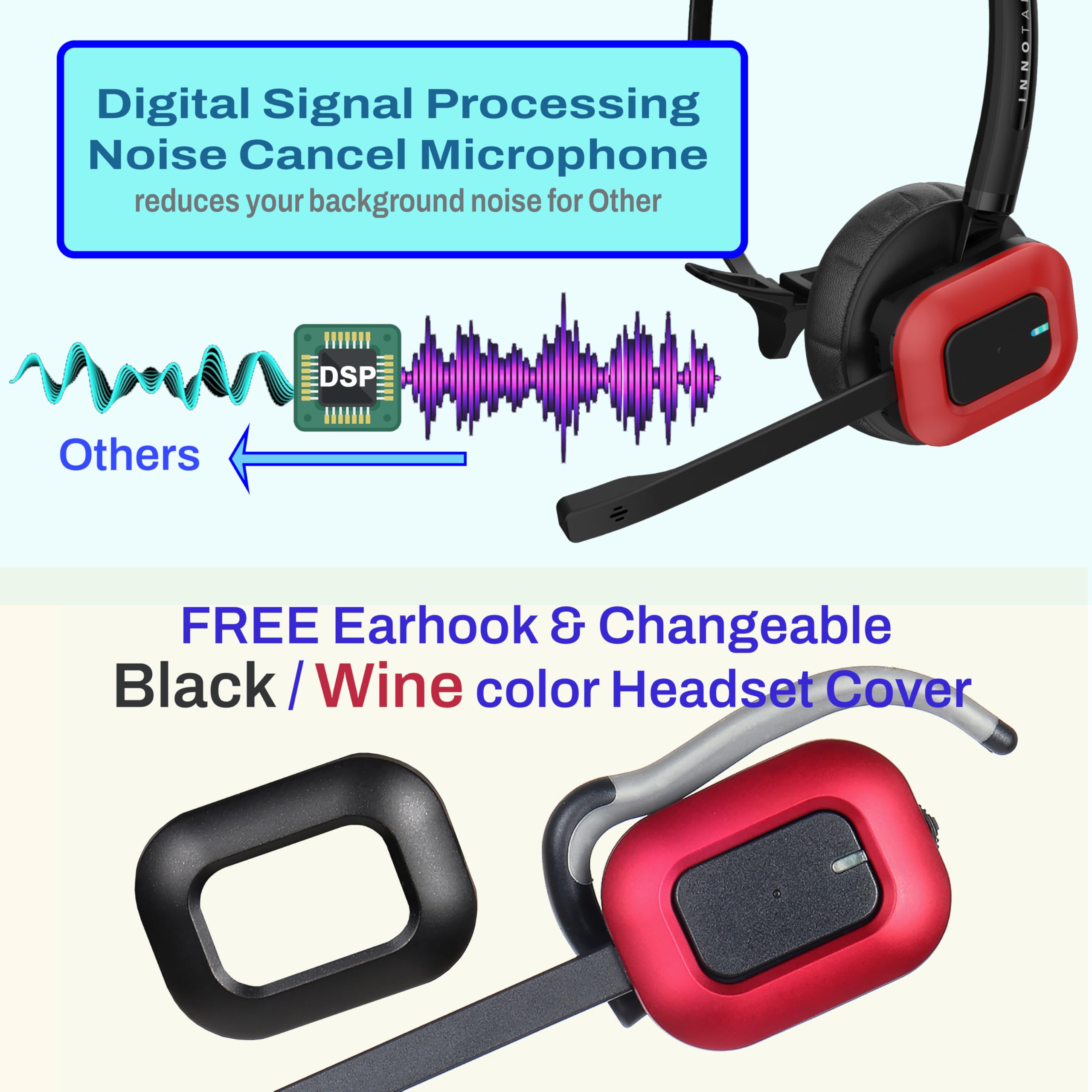 INNOTALK Wireless Headset Compatible with Polycom VVX300, VVX310, VVX400, VVX410 - Desk Office Phone Call Center Wireless Headset with EHS Cord Bundle for Remote Answering Wireless Headset(Pioneer)