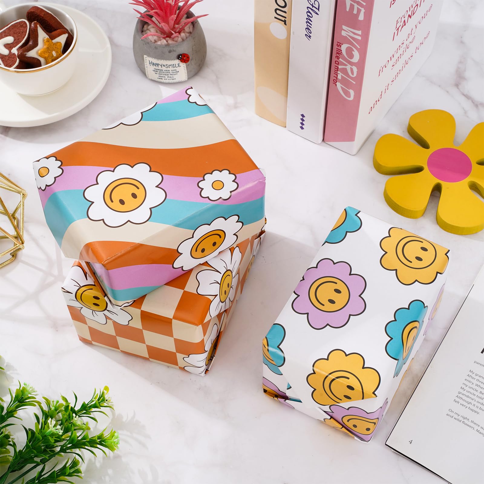 Whaline 12Pcs Retro Groovy Wrapping Paper Bright Funny Face Flower Checkered Gift Wrap Bulk Boho Art Paper Folded Flat for Baby Shower Birthday Wedding DIY Crafts Gift Packing, 19.7 x 27.6 Inch