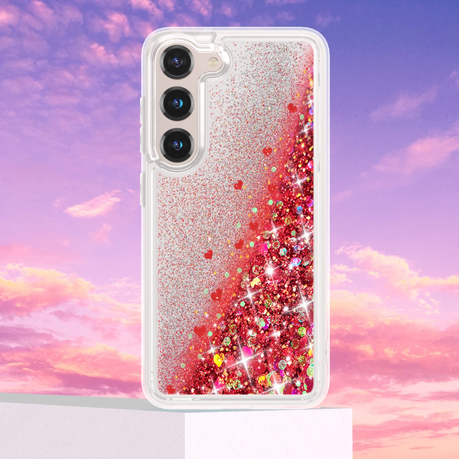 HesLine for Galaxy S23 Case Glitter Liquid,S23 Case Bling Quicksand Sparkle Shockproof Protective Hard PC Slim Bumper for Samsung Galaxy S23 5G 6.1'' Cute for Girls Women Men,Red