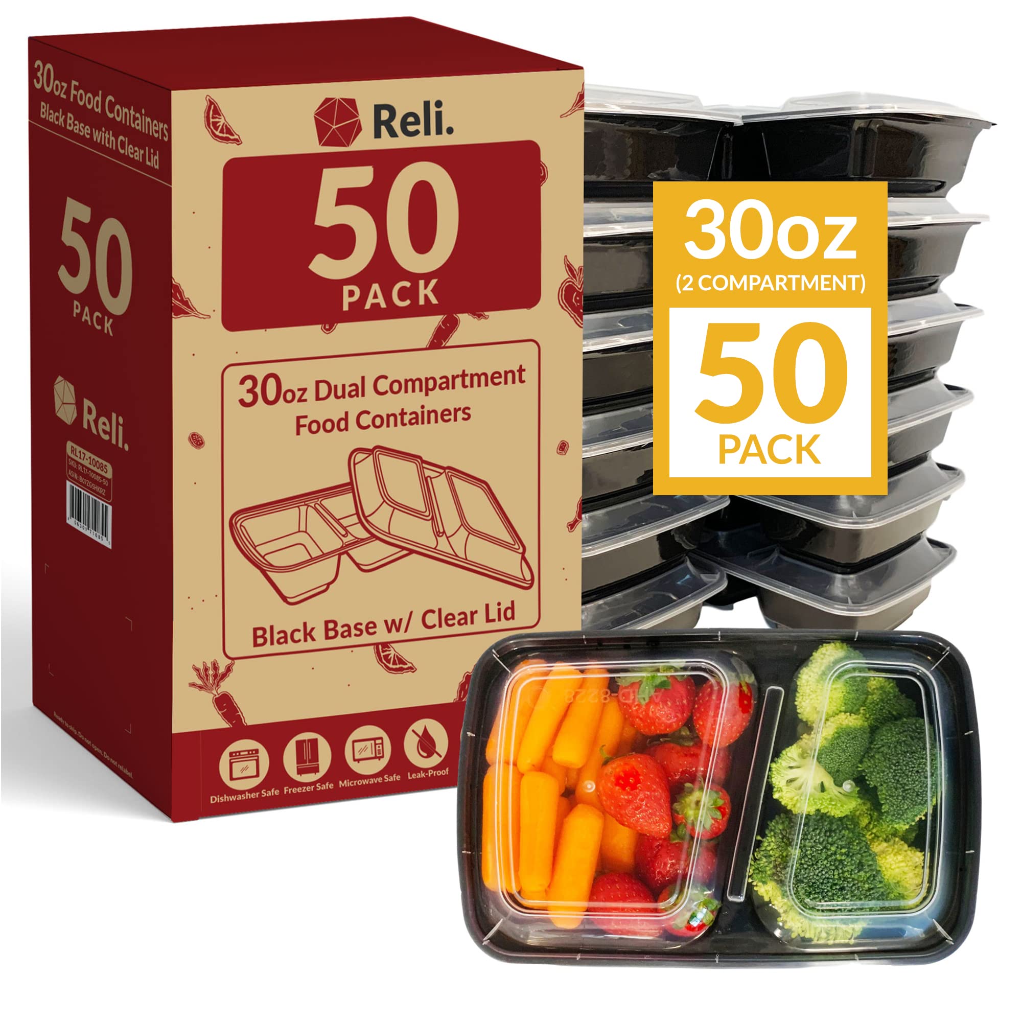 Reli. Meal Prep Containers, 30 oz. (50 Pack) - Black 2 Compartment Food Containers with Lids, Microwavable Food Storage Containers - Black Reusable Bento Box/Lunch Box Containers for Meal Prep (30 oz)
