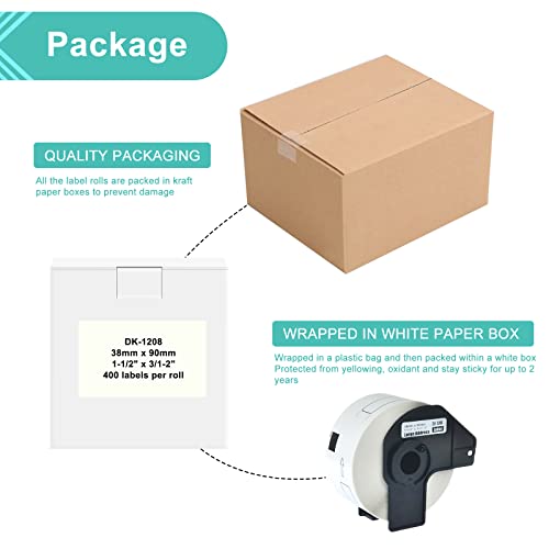 NineLeaf (6 Roll /400 Labels per Roll) Die-Cut Standard Address Labels with Cartridge Compatible for Brother DK-1208 DK1208 38mm x 90mm (3-1/2" x 1-1/2") White Paper use in QL Label Printers