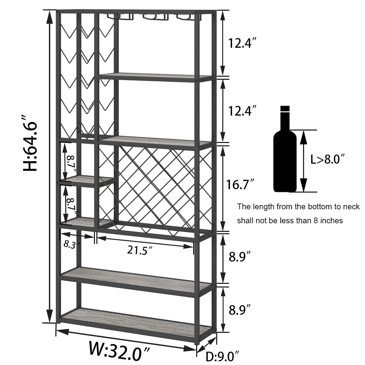Launica Industrial Wine Rack Freestanding Floor, Farmhouse Tall Coffee Bar Cabinet with Storage, Wood Metal Stackable Bakers Rack, Modern Buffet Cabinet for Home Kitchen Dining Room, Light Grey Oak
