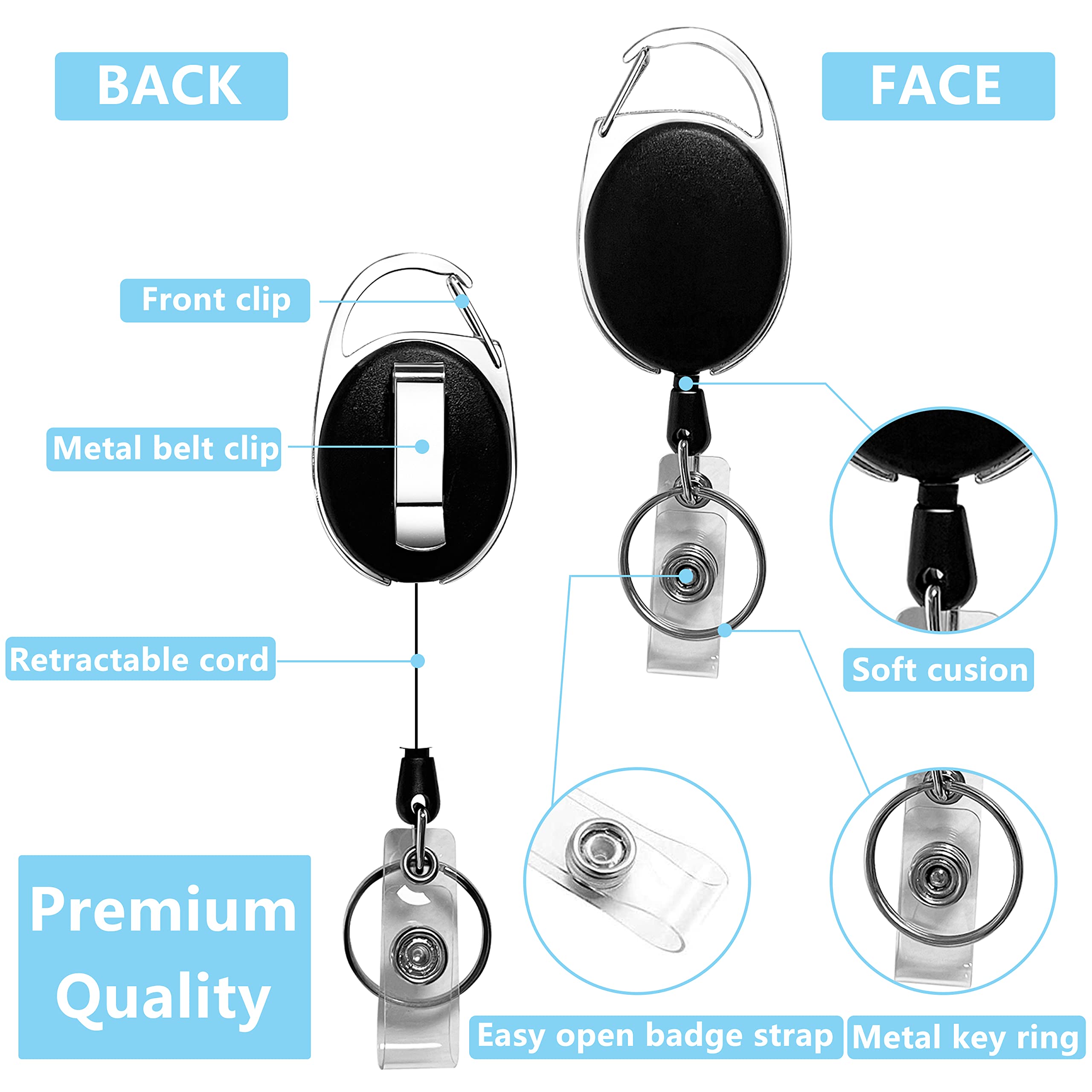 Simetufy 15 Pack Retractable Badge Holder with Carabiner Reel Clip, Retractable Keychain Lanyards ID Card Holder with Belt Clip Heavy Duty Key Name Tag Extender for Office Employee Work