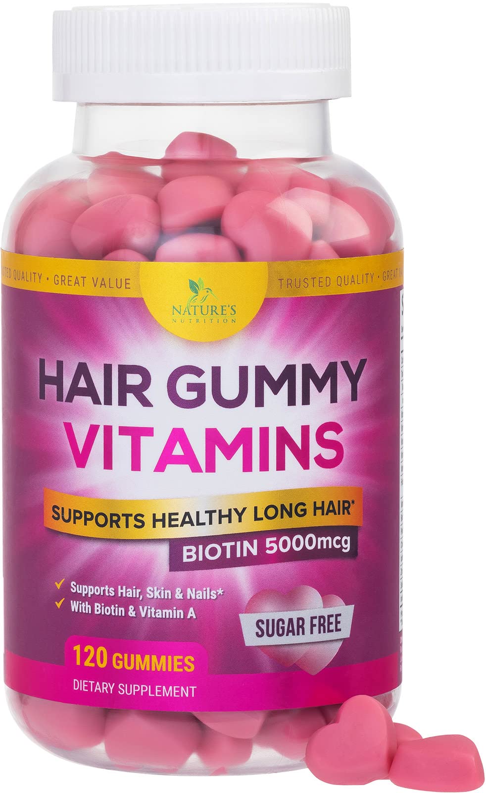 Sugar Free Hair Vitamins Gummies with Biotin 5000 mcg, Vitamin A, B12, C, D, E, Folic Acid, Supports Hair Growth Gummy, Vegetarian Friendly, Supports Strong Beautiful Hair and Nails - 120 Gummies