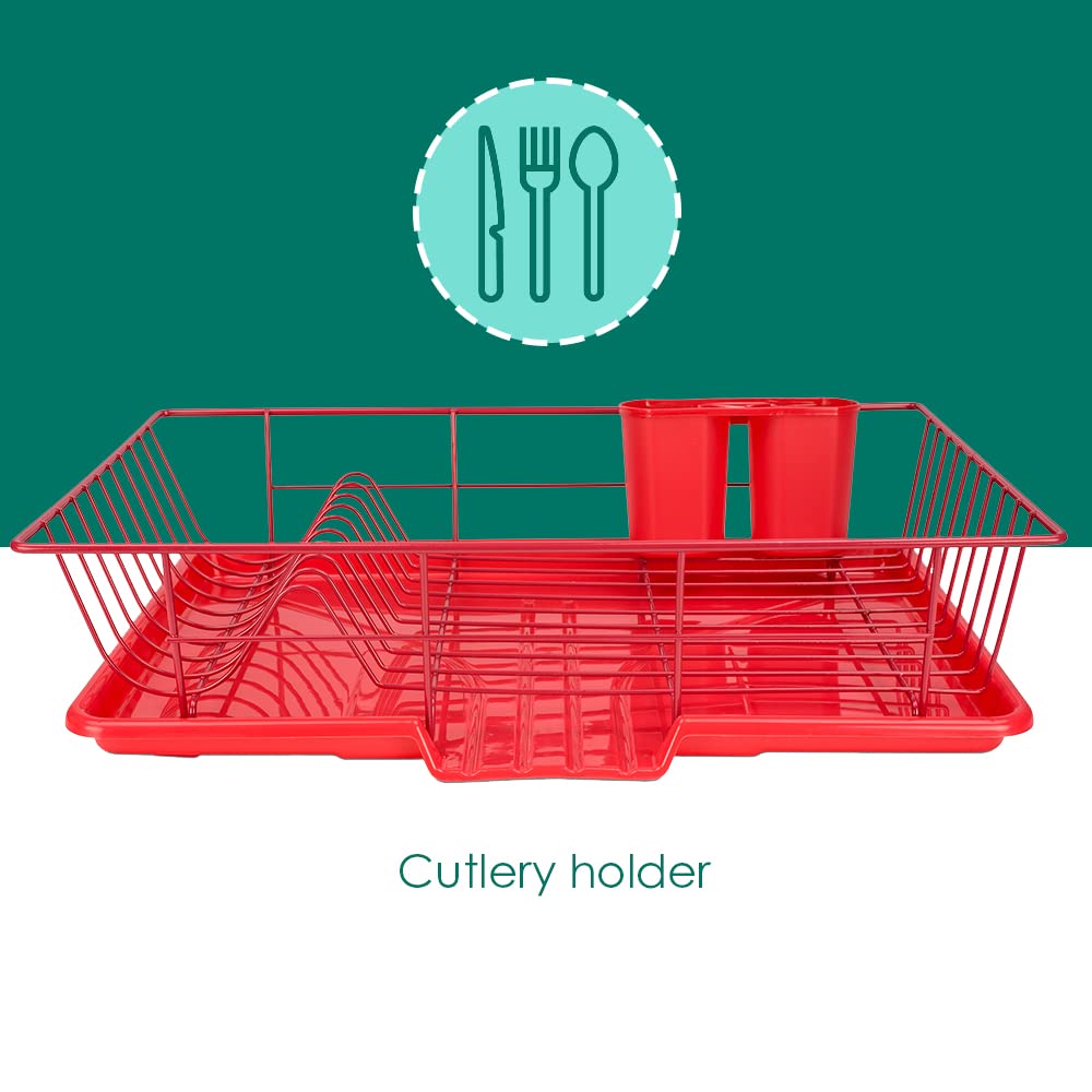 Dish Drying Rack (Red) | By Home Basics | Dish Drainers For Kitchen Counter | With Sloping Tray and Utensil Holder | Big Dish Drying Rack