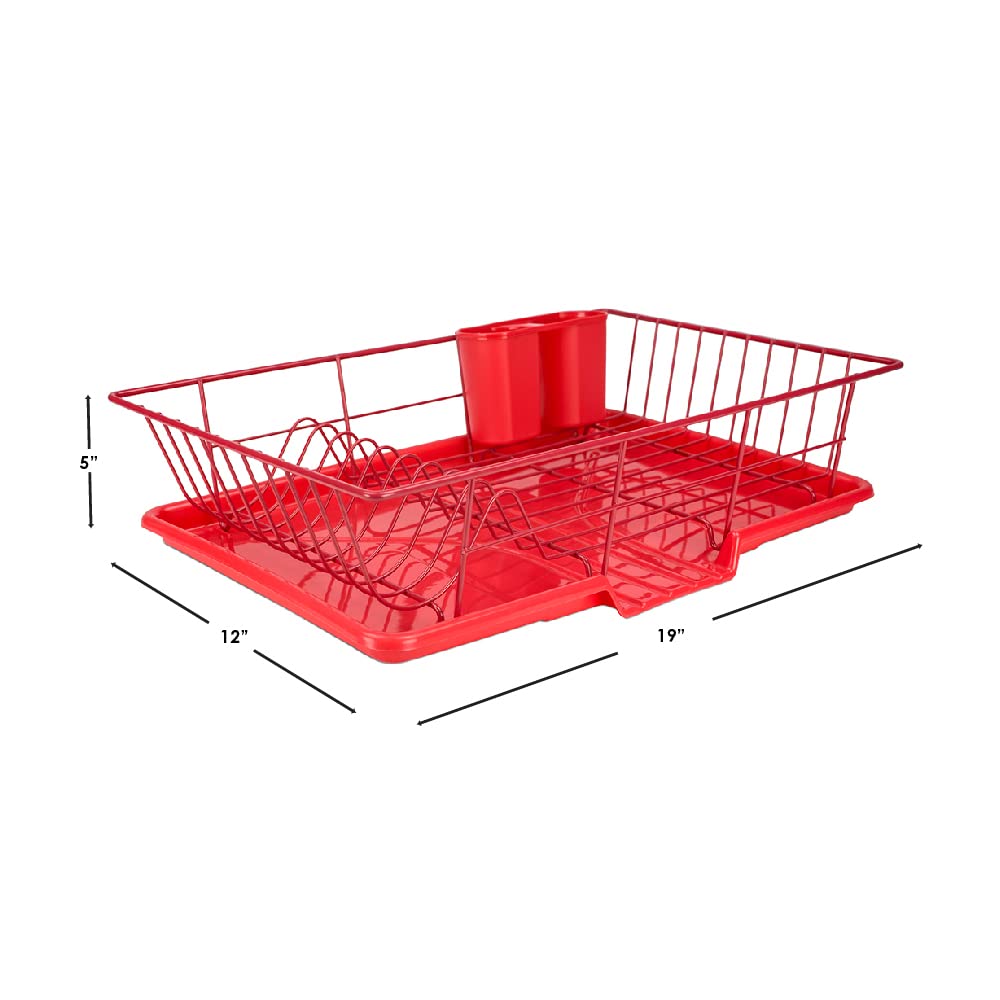 Dish Drying Rack (Red) | By Home Basics | Dish Drainers For Kitchen Counter | With Sloping Tray and Utensil Holder | Big Dish Drying Rack