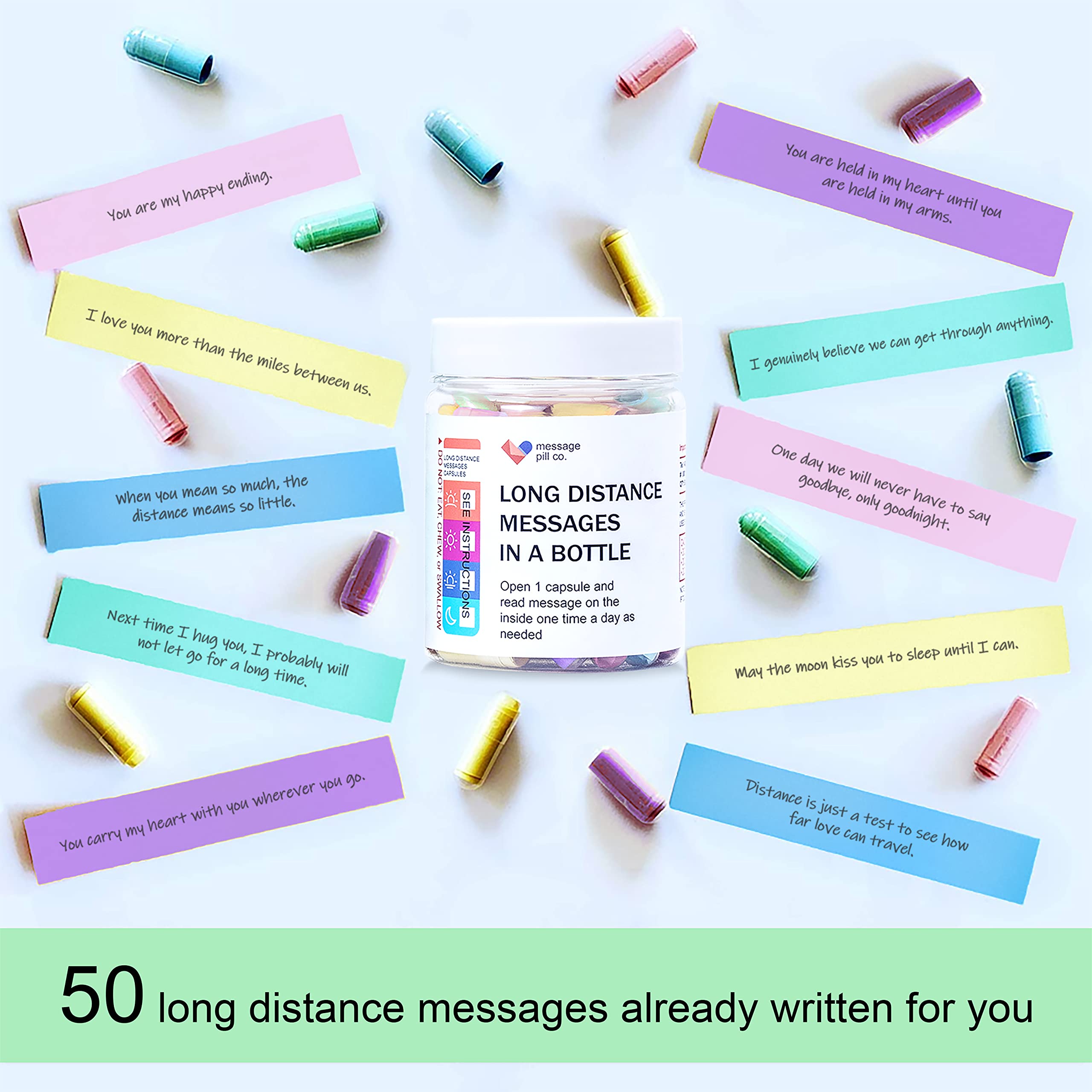 Long Distance Relationships Gifts Love Messages in a Bottle Gift for Boyfriend or Girlfriend (50PCS) Pre-Written Love Capsules Letters in Plastic Jar