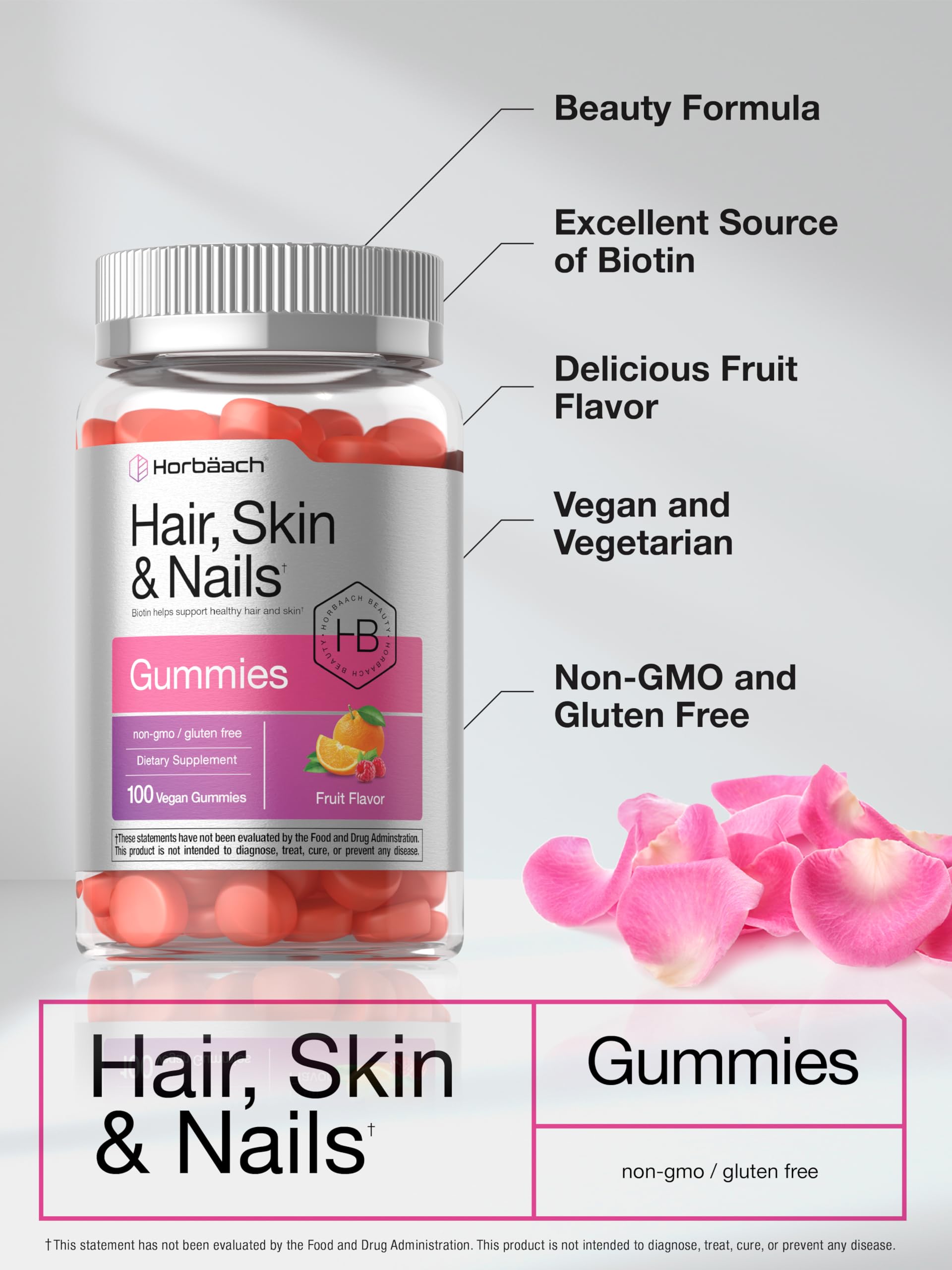Horbäach Hair Skin and Nails Gummies | 100 Count | with Biotin | Fruit Flavored Vitamins | Non-GMO, Gluten Free Supplement