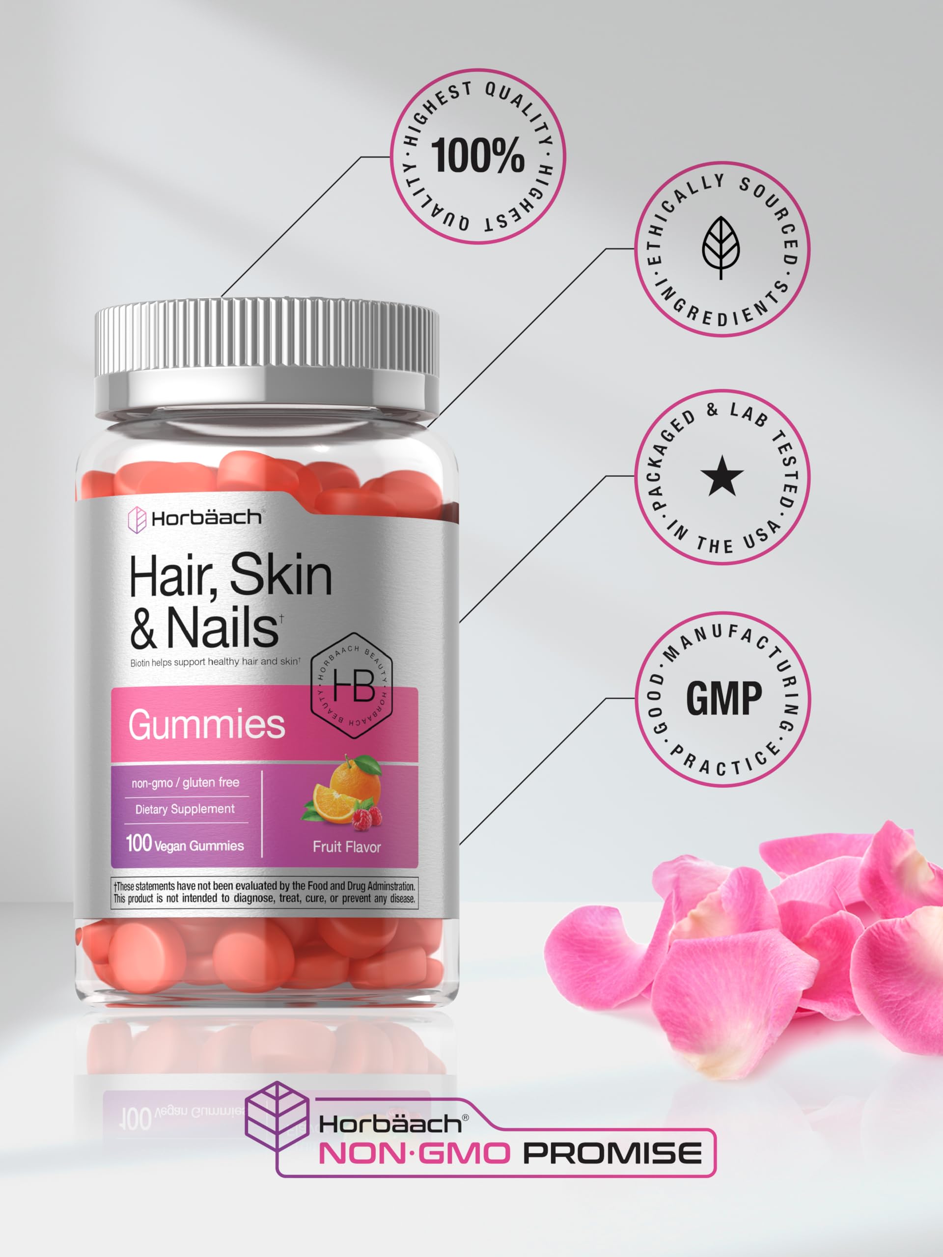 Horbäach Hair Skin and Nails Gummies | 100 Count | with Biotin | Fruit Flavored Vitamins | Non-GMO, Gluten Free Supplement