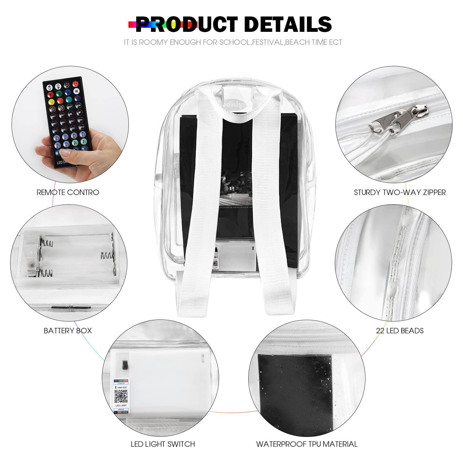yisibo LED Strip Lights Clear Backpack,8 RGB Colors with 10 Flashing Mode,4 Music Mode and 4 Timer,TPU Transparent Waterproof Heavy Duty See Through Backpack for Music Festival,Stadium Approved,School