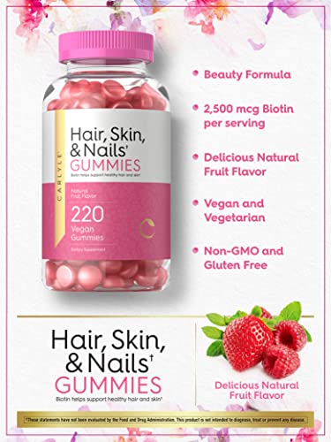 Carlyle Hair, Skin and Nails Gummies | 220 Count | Fruit Flavor Gummy Vitamins | with Biotin | Non-GMO, Gluten Free