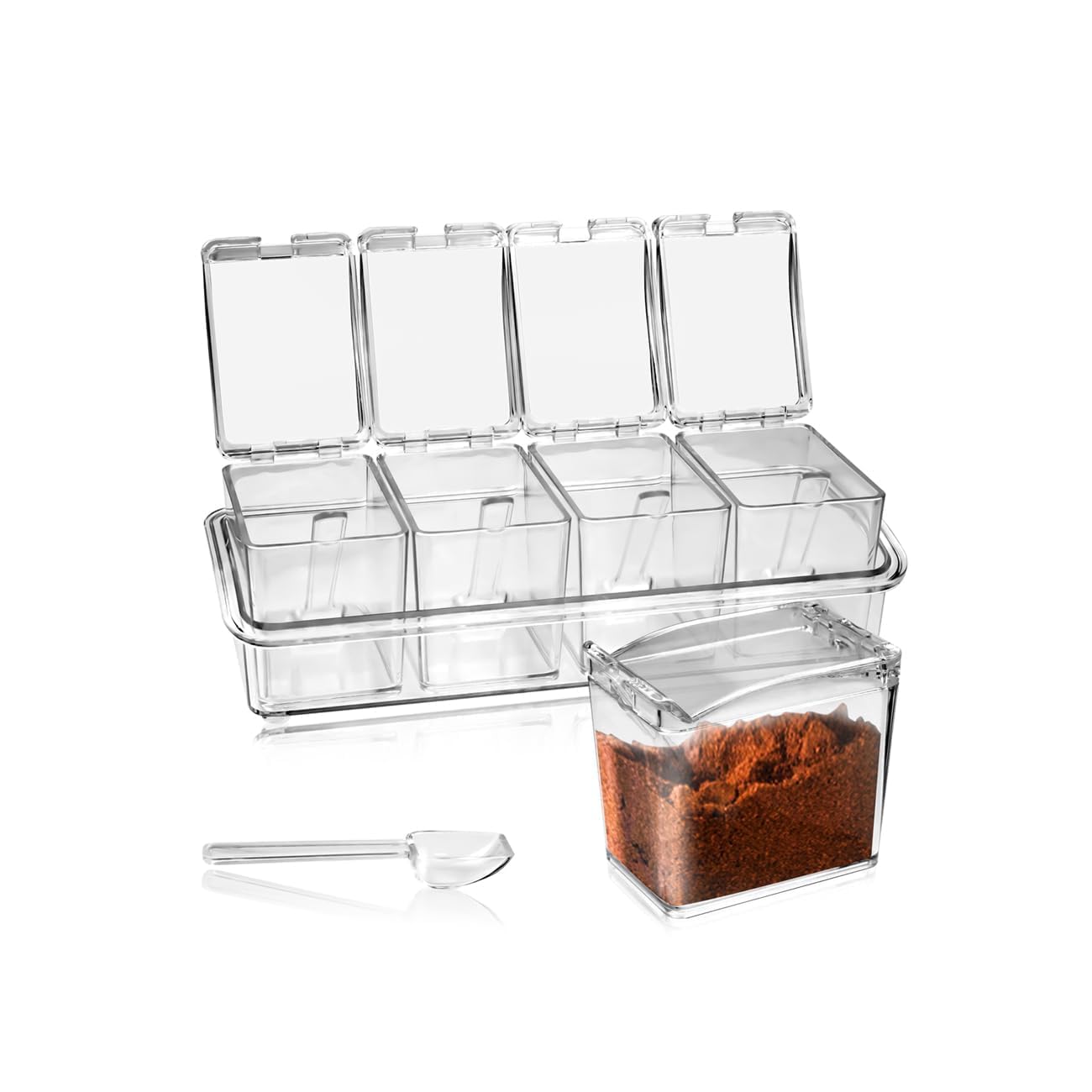 Faxco 4-Cell Clear Seasoning Rack Spice Box, Storage Container Condiment Jars Acrylic Seasoning Box with Cover and Spoon