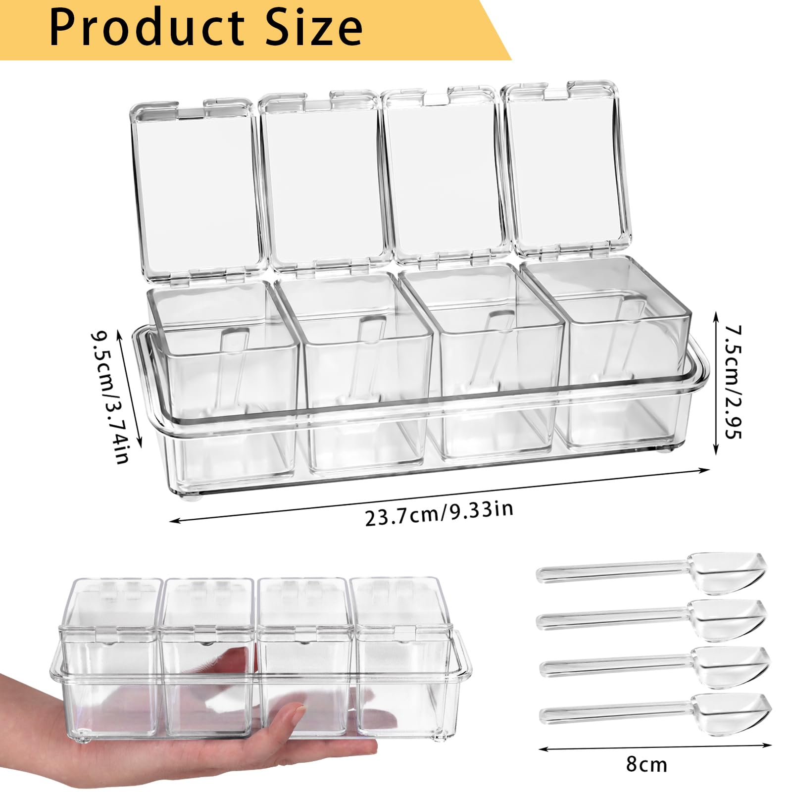 Faxco 4-Cell Clear Seasoning Rack Spice Box, Storage Container Condiment Jars Acrylic Seasoning Box with Cover and Spoon