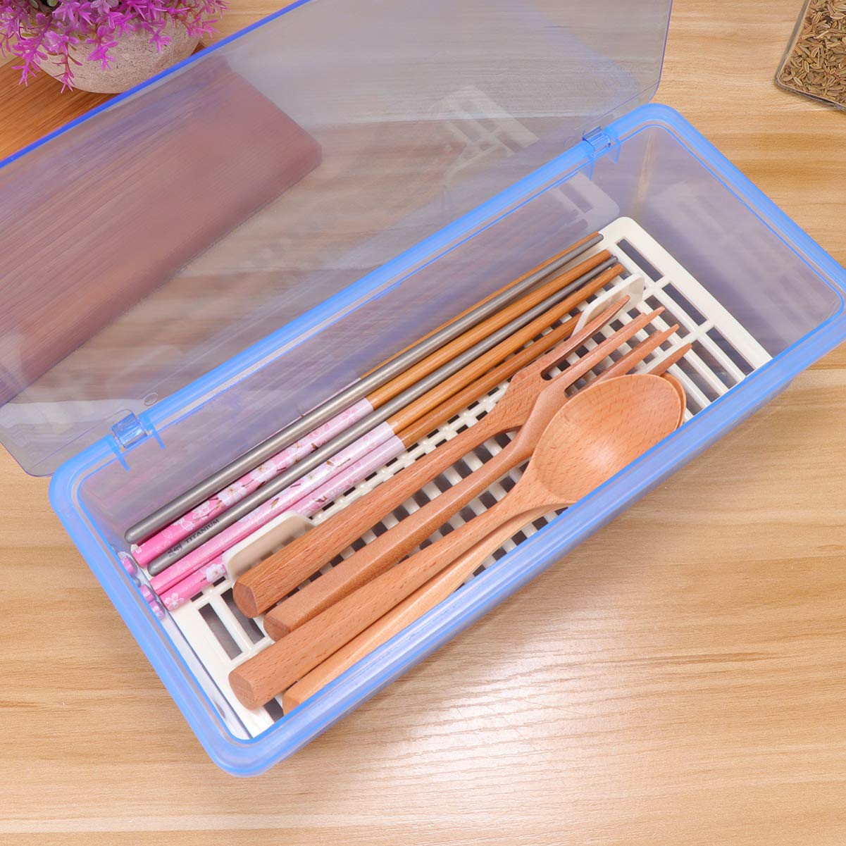 Hemoton Kitchen Utensil Holder Transparent Chopsticks Drain Rack Cutlery Box Spoon Fork Knife Drainer Basket Tableware Silverware Flatware Storage Caddy Organizer Container