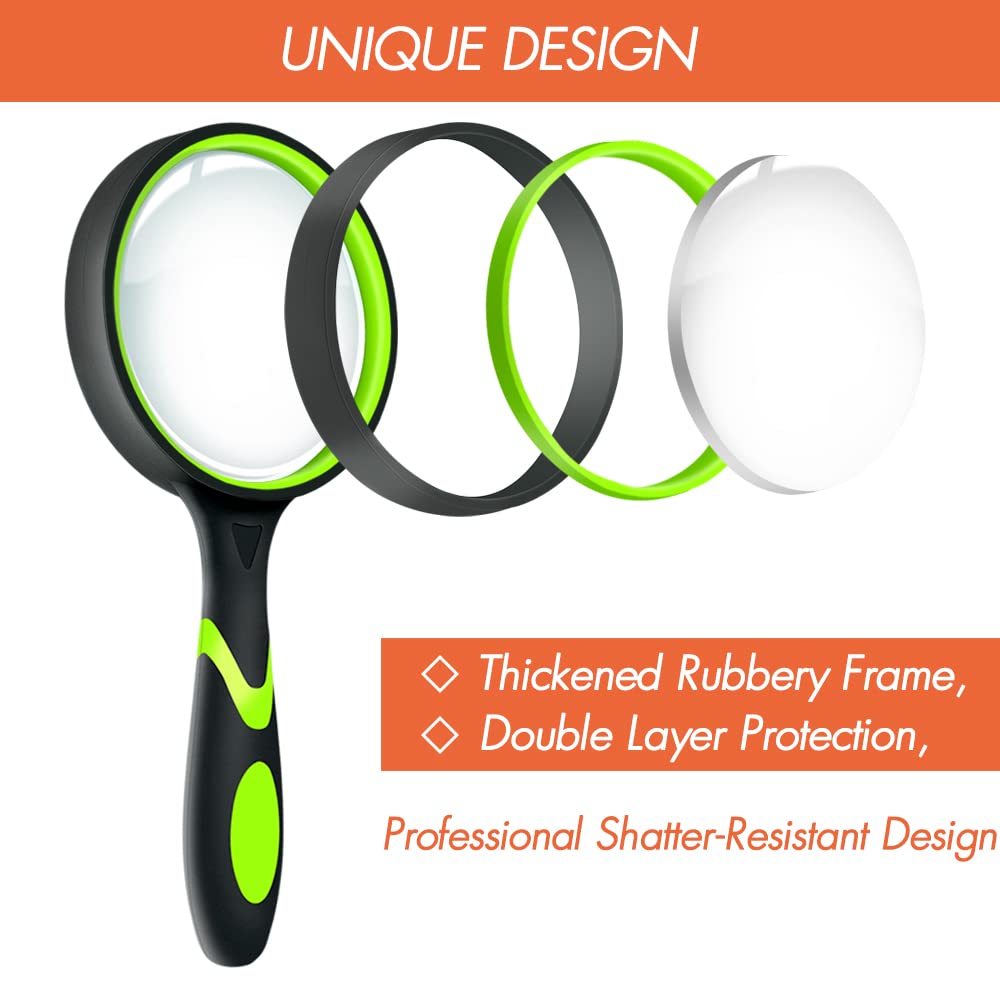 Leffis 3 Pack Magnifying Glass, 10X Non-Slip Handheld Reading Magnifier for Kids and Seniors, 75mm Magnifying Glass Lens for Reading, Classroom Science, and Nature Exploration