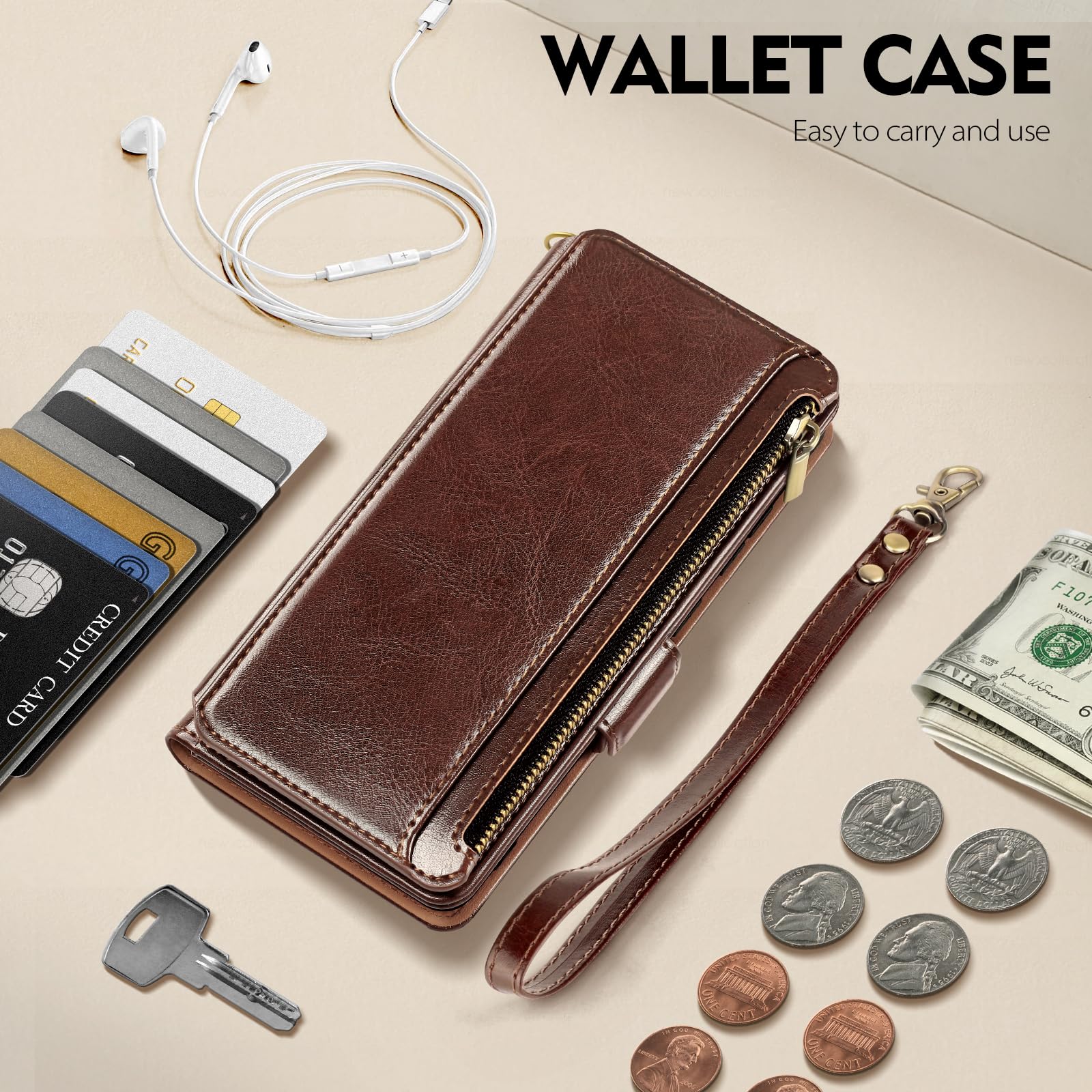 Antsturdy Compatible with Samsung Galaxy A13 5G Case Wallet with Card Holder Women Men Phone Case RFID Blocking PU Leather Flip Folio Shockproof Cover Wrist Strap Zipper Credit Card Slots,Brown