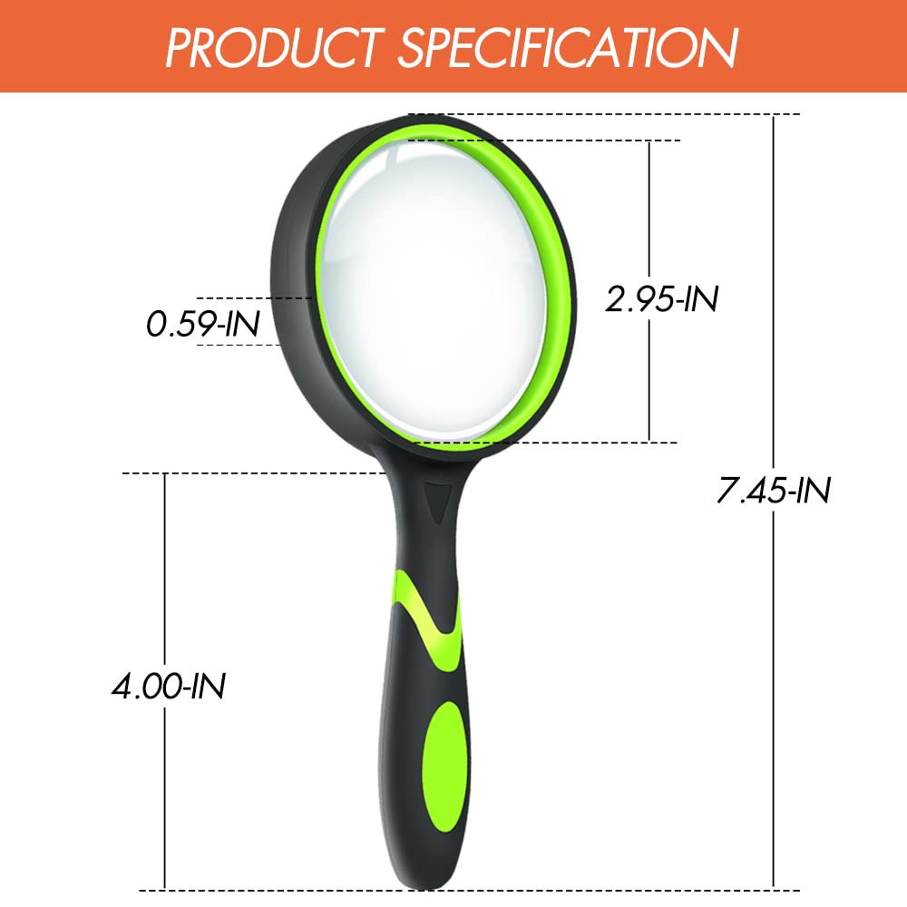 Leffis 3 Pack Magnifying Glass, 10X Non-Slip Handheld Reading Magnifier for Kids and Seniors, 75mm Magnifying Glass Lens for Reading, Classroom Science, and Nature Exploration