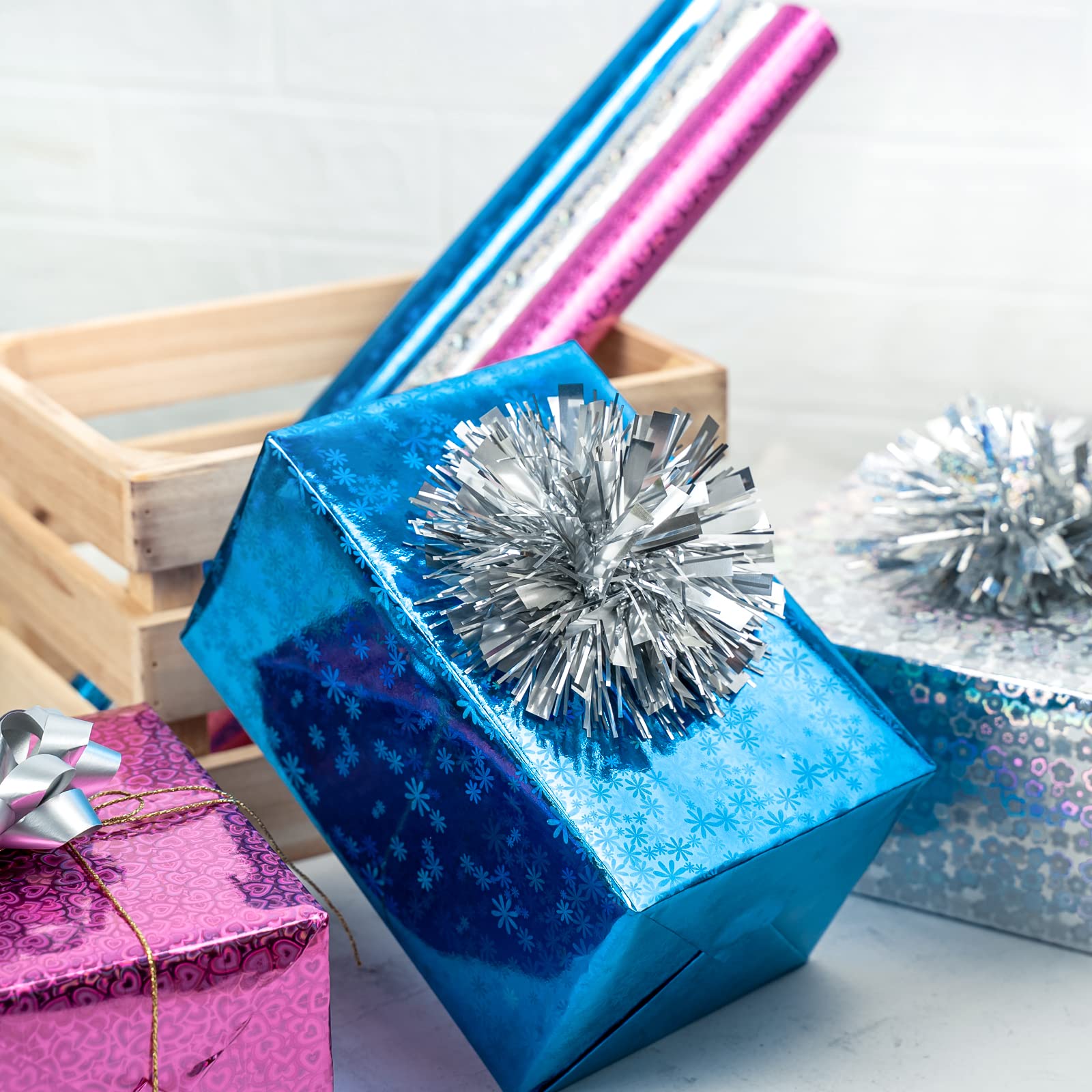LeZakaa Holographic Foil Wrapping Paper - Mini Roll - Pink Heart/Blue and Silver Flower Design for Birthday, Wedding, Bridal Shower - 17 x 120 inches - 3 Rolls (42.5 sq.ft.ttl.)