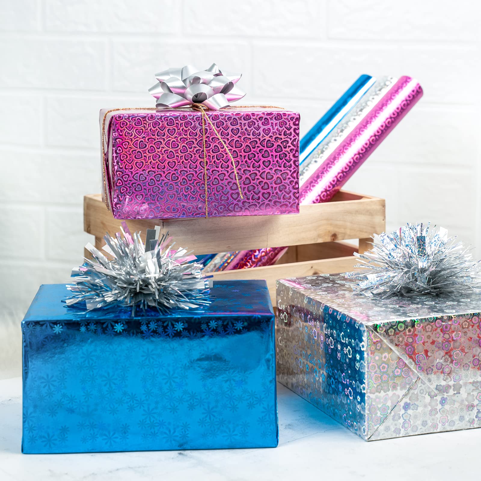 LeZakaa Holographic Foil Wrapping Paper - Mini Roll - Pink Heart/Blue and Silver Flower Design for Birthday, Wedding, Bridal Shower - 17 x 120 inches - 3 Rolls (42.5 sq.ft.ttl.)