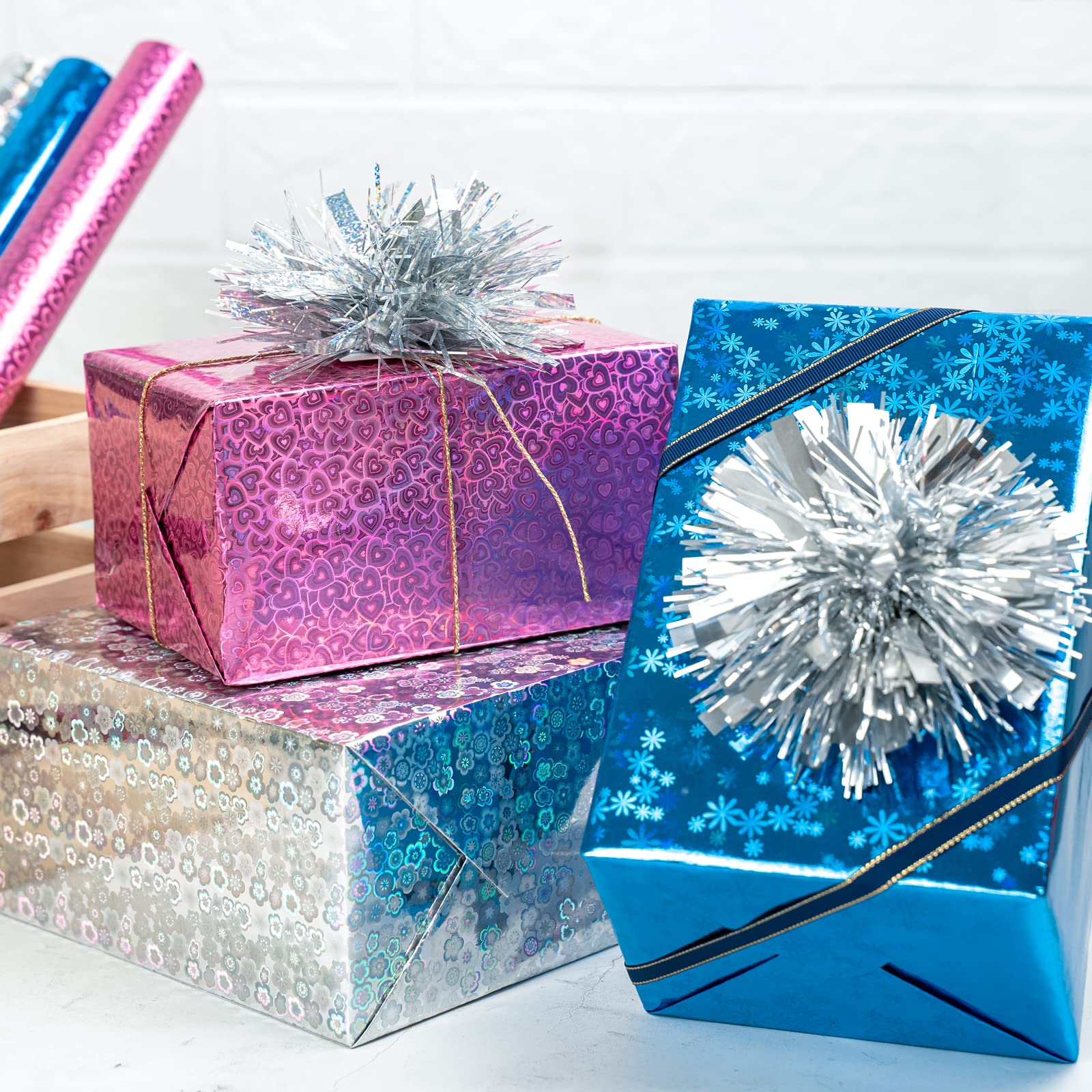 LeZakaa Holographic Foil Wrapping Paper - Mini Roll - Pink Heart/Blue and Silver Flower Design for Birthday, Wedding, Bridal Shower - 17 x 120 inches - 3 Rolls (42.5 sq.ft.ttl.)