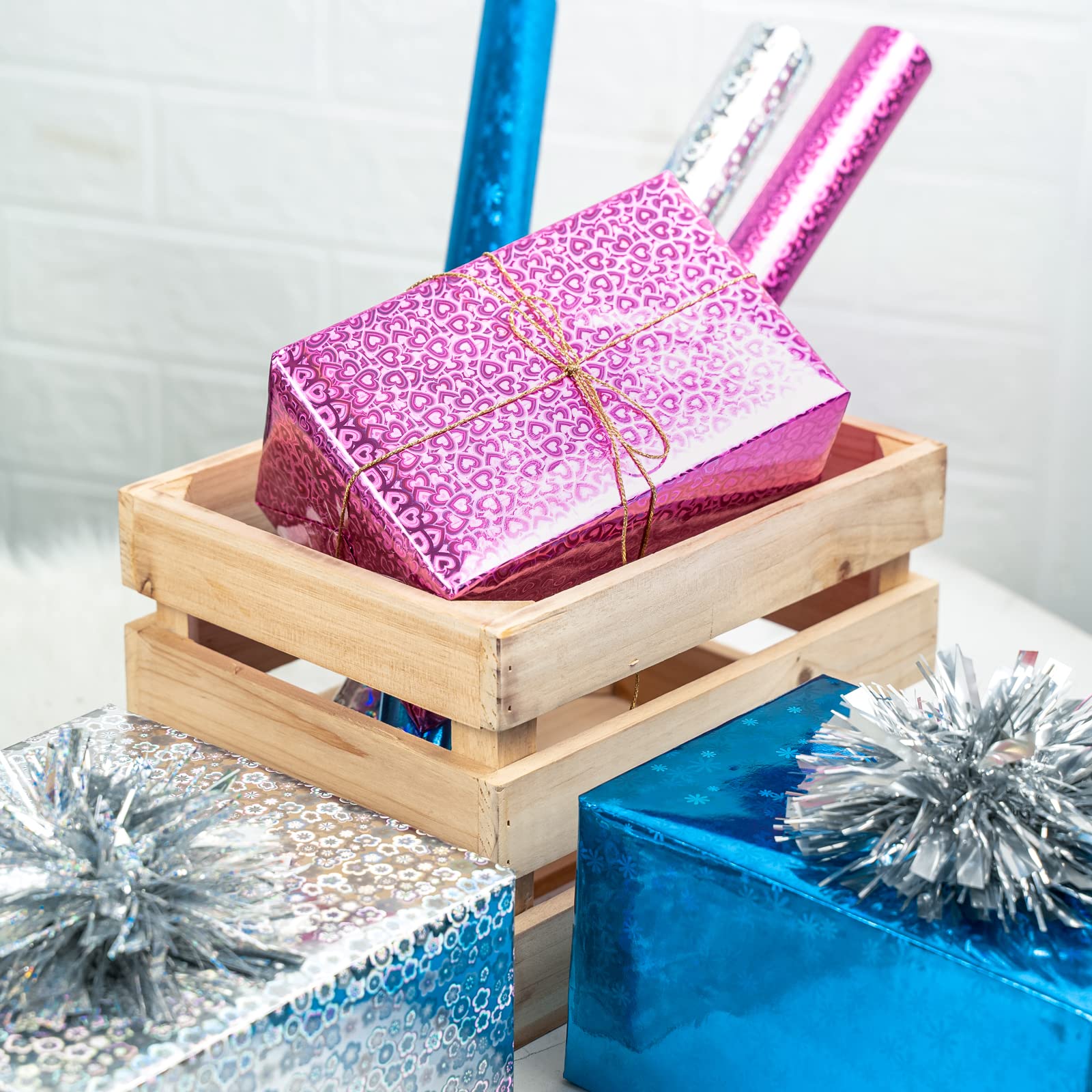 LeZakaa Holographic Foil Wrapping Paper - Mini Roll - Pink Heart/Blue and Silver Flower Design for Birthday, Wedding, Bridal Shower - 17 x 120 inches - 3 Rolls (42.5 sq.ft.ttl.)