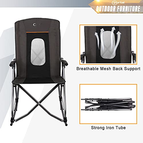 PORTAL Folding Camping Rocking Chairs Outdoor Mesh Patio Rocker Recliner Chairs with High Back Hard Armrest Support 300 lbs, Black