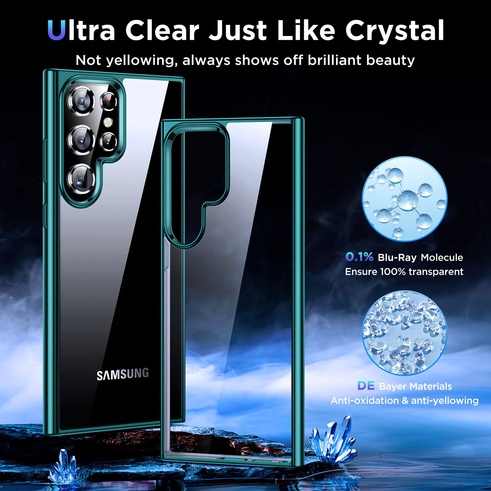 Humixx Crystal Clear Case for Samsung Galaxy S23 Ultra 6.8" - Midnight Green [Never Yellow] [Mil-Grade Protection] [Slim Fit] [2x Screen & Camera Protectors]