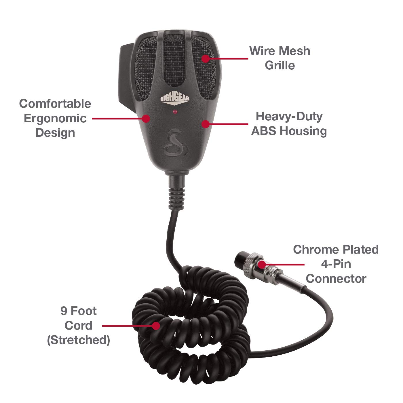 Cobra HG M77 Premium Replacement Noise Canceling CB Microphone (Black) β 4 Pin Connector, 9 Foot Cord, Heavy Duty ABS Shell, Wire Mesh Grille, Left Side Push To Talk, Chrome Connector