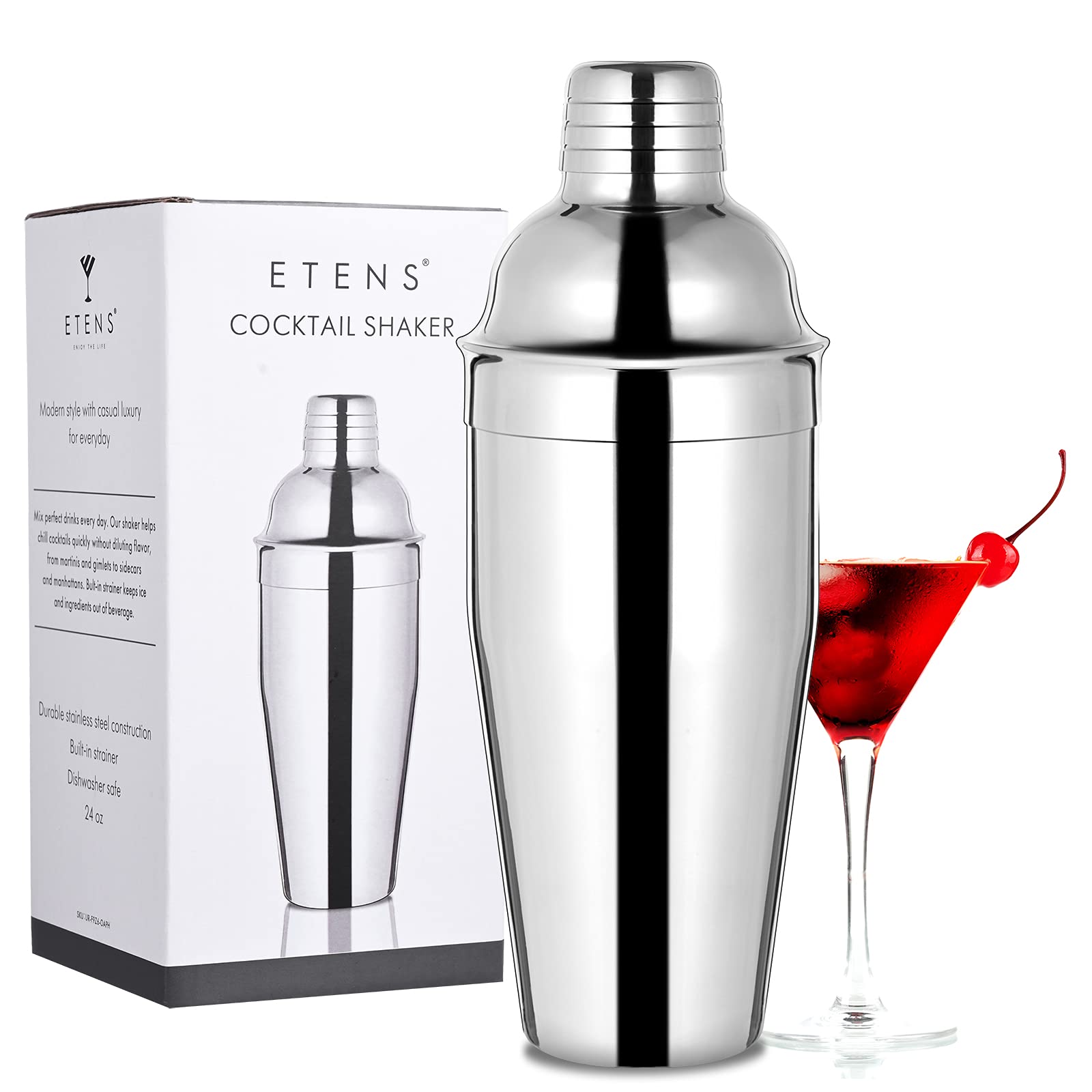 Etens Cocktail Shaker, 24 oz Martini Shaker Bar Shaker with Built-In Strainer for Bartending β Stainless Steel Large Bartender Shaker Metal Margarita Mixer for Mixed Drinks w/ Recipes
