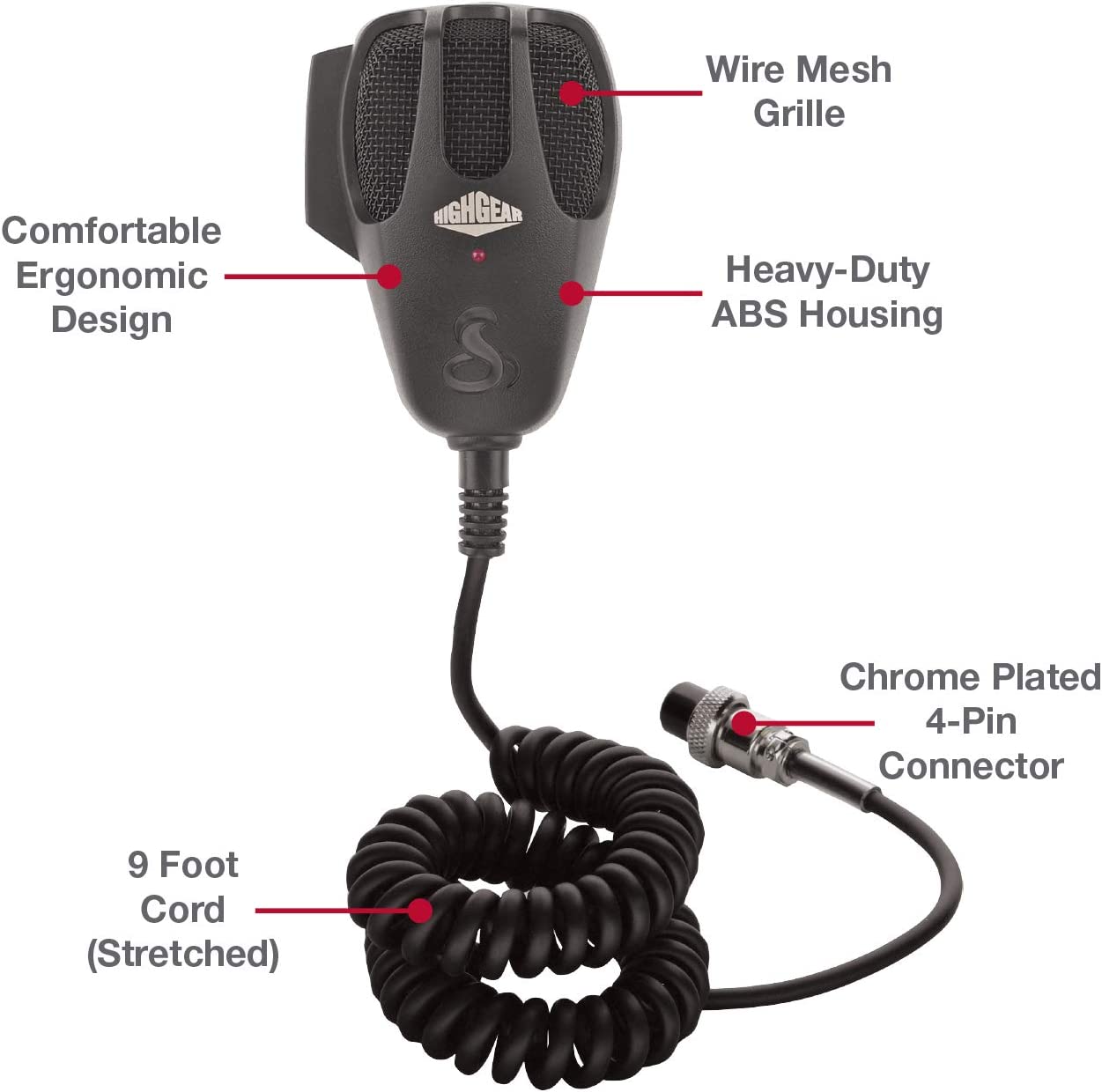 Cobra HG M77 Premium Replacement Noise Canceling CB Microphone (Black) – 4 Pin Connector, 9 Foot Cord, Heavy Duty ABS Shell, Wire Mesh Grille, Left Side Push To Talk, Chrome Connector