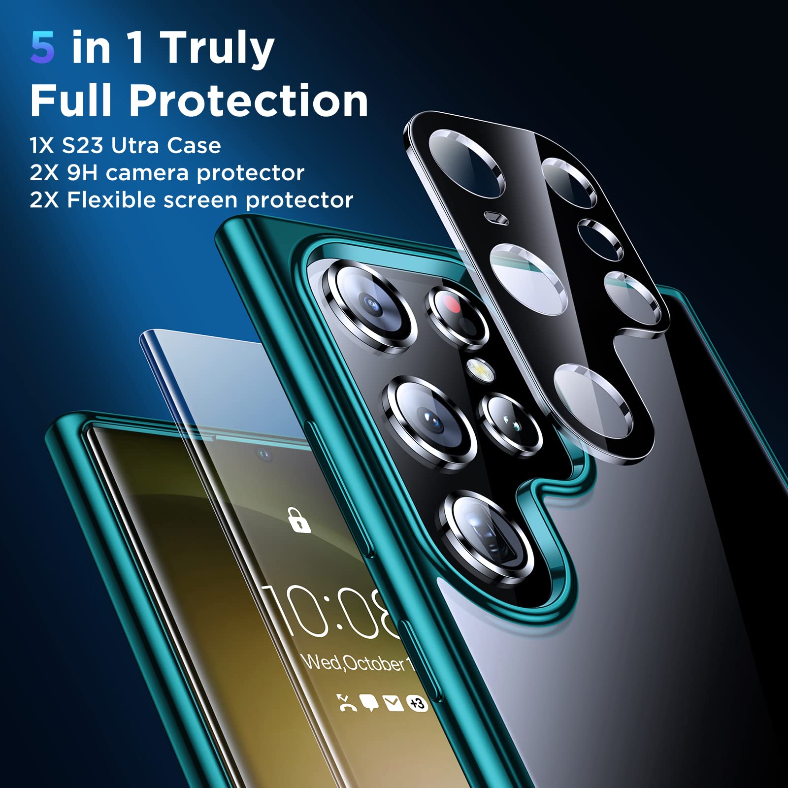 Humixx Crystal Clear Case for Samsung Galaxy S23 Ultra 6.8" - Midnight Green [Never Yellow] [Mil-Grade Protection] [Slim Fit] [2x Screen & Camera Protectors]